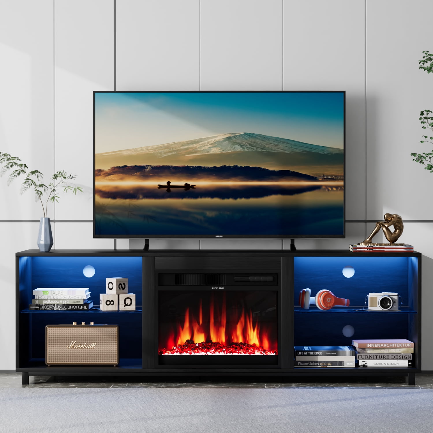 "Sunmthink 68"" Fireplace TV Stand with LED Light, Entertainment Center ...