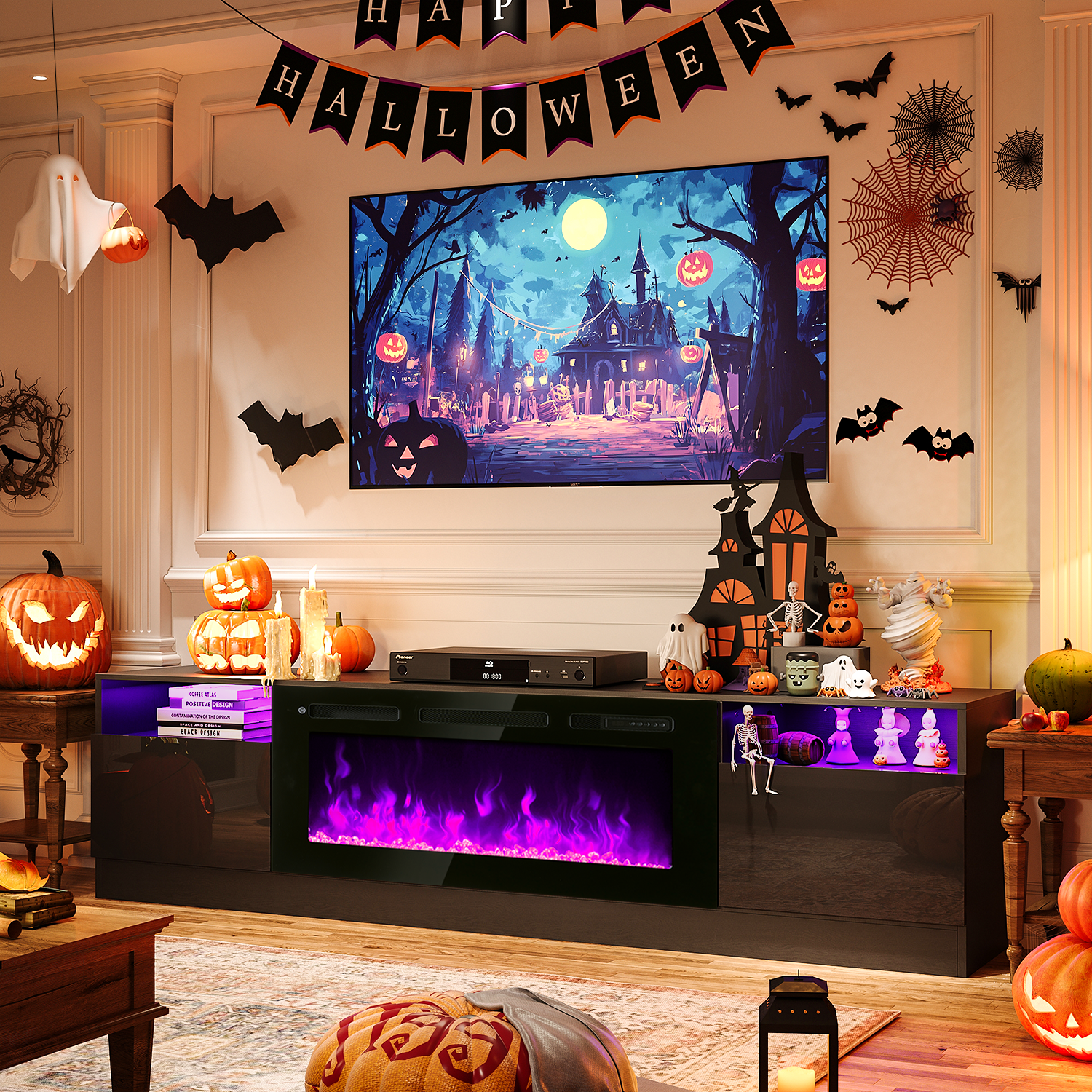 Sunmthink Fireplace TV Stand with 36" Electric Fireplace, LED Light ...