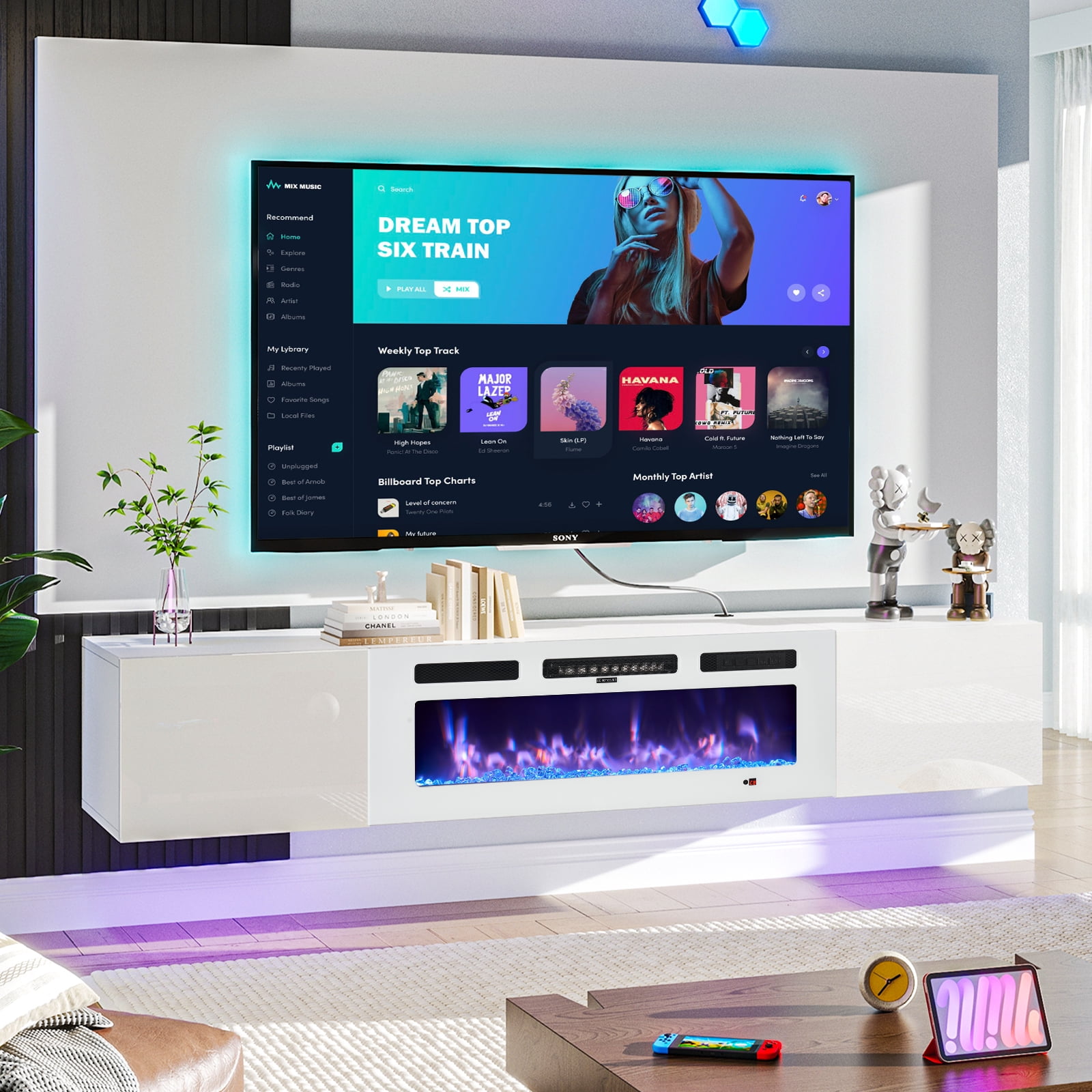 Sunmthink Floating Fireplace TV Stand for TVs up 80", Wall Mounted ...