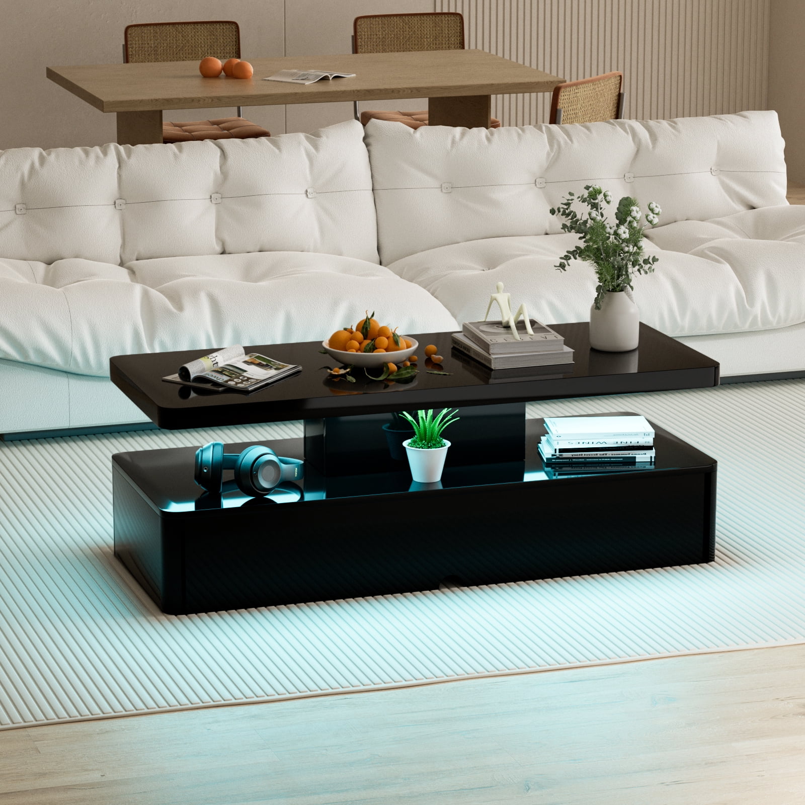 Sunmthink Modern Coffee Table with Led Light, Modern High Glossy ...