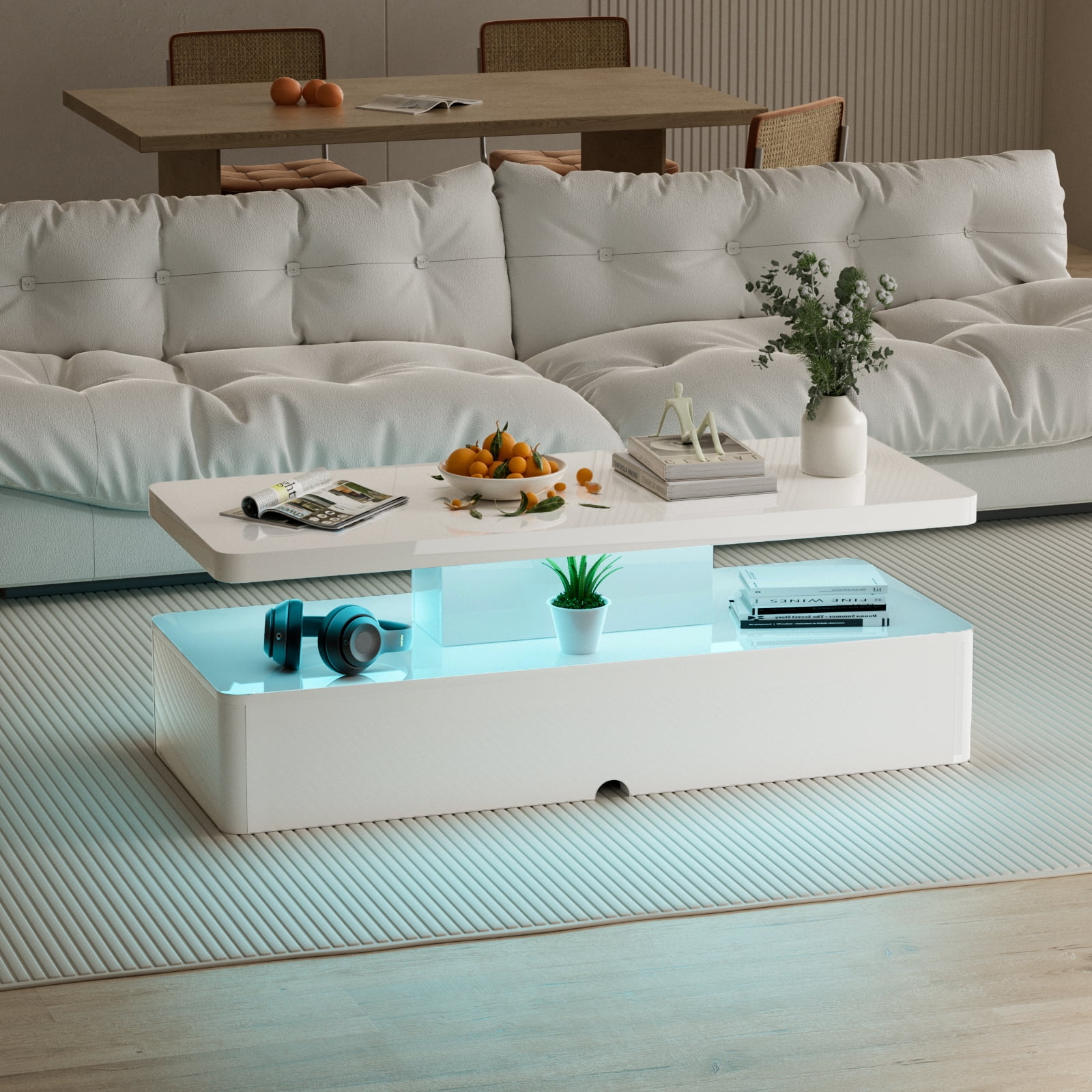Sunmthink High Glossy Modern Coffee Table with LED Light and Storage ...