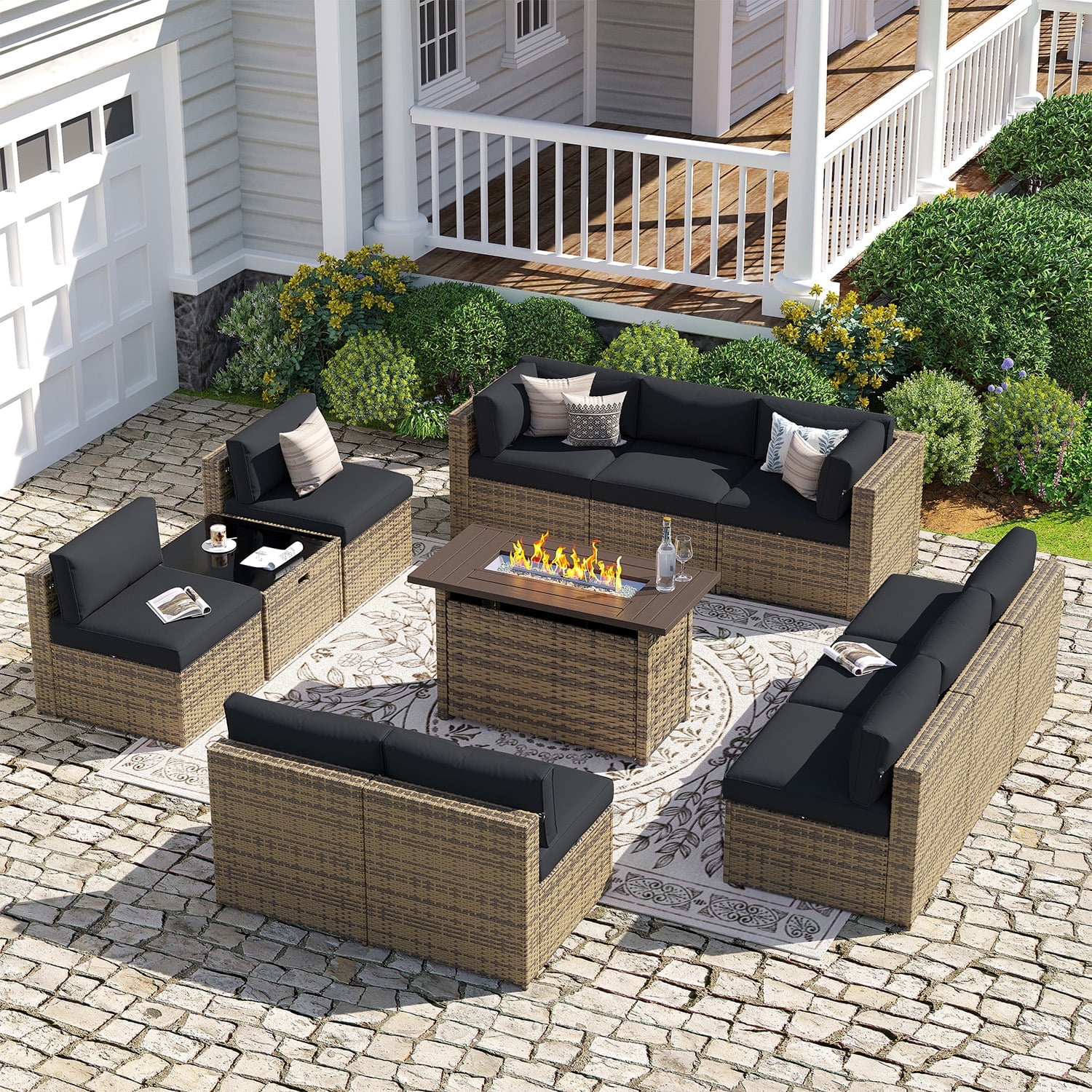 Sunmthink Patio Furniture Sets, 12-Piece Outdoor Patio Furniture with 44'' Propane Gas Firepit ...