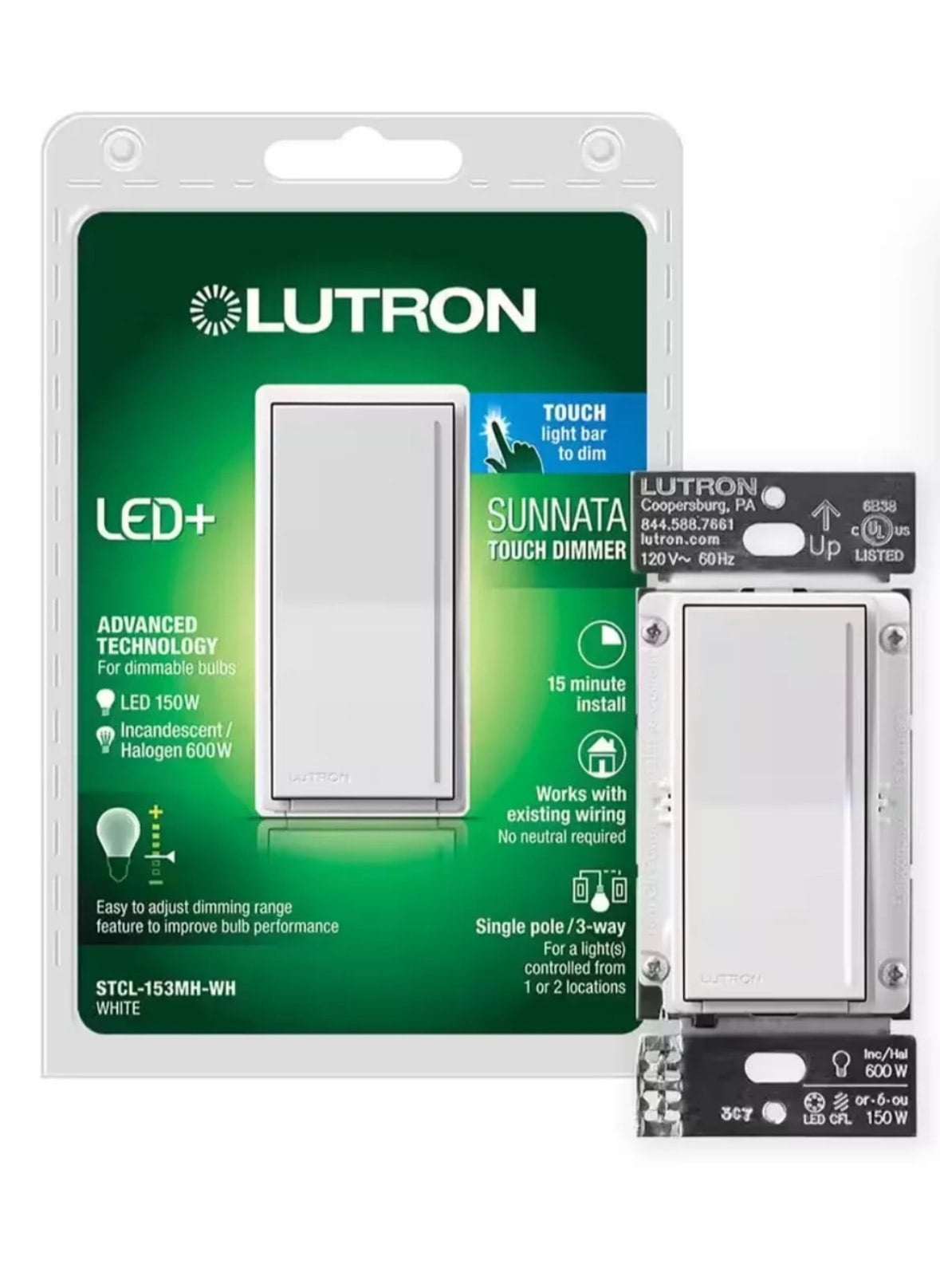 Lutron Sunnata STCL-153MH-W, White, Illuminated Touch Light Dimmer & Switch, 1 Piece - Walmart.com