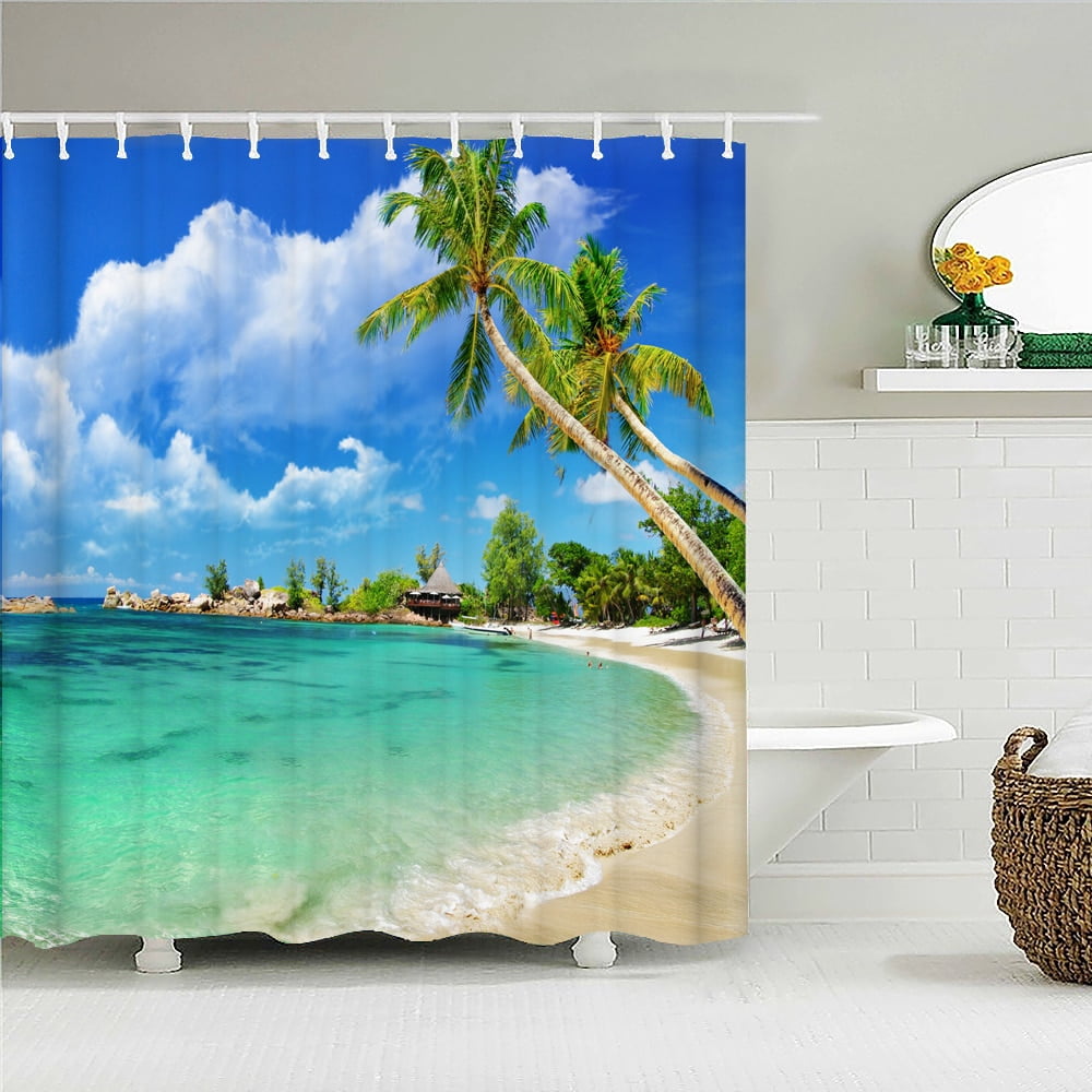Sunny Beach Palm Tree Seaside Scenery Fabric Shower Curtain Waterproof ...