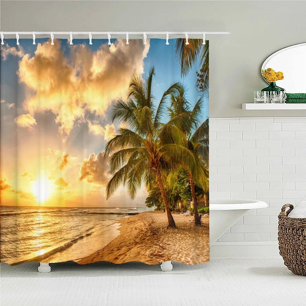 Sunny Beach Palm Tree Seaside Scenery Fabric Shower Curtain Waterproof ...