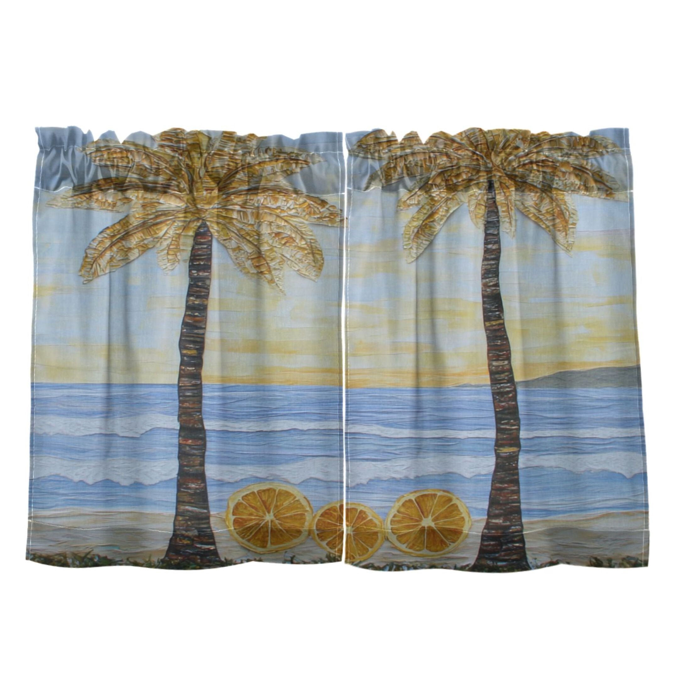 Sunny Beach Palms 27"x36" Linen Look Cafe Curtain Set with Privacy and ...