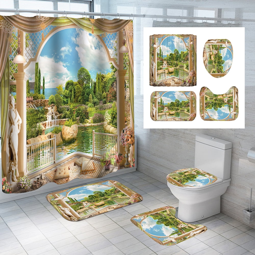 Sunny Beach Pattern Waterproof Polyester Shower Curtain with Anti-slip ...