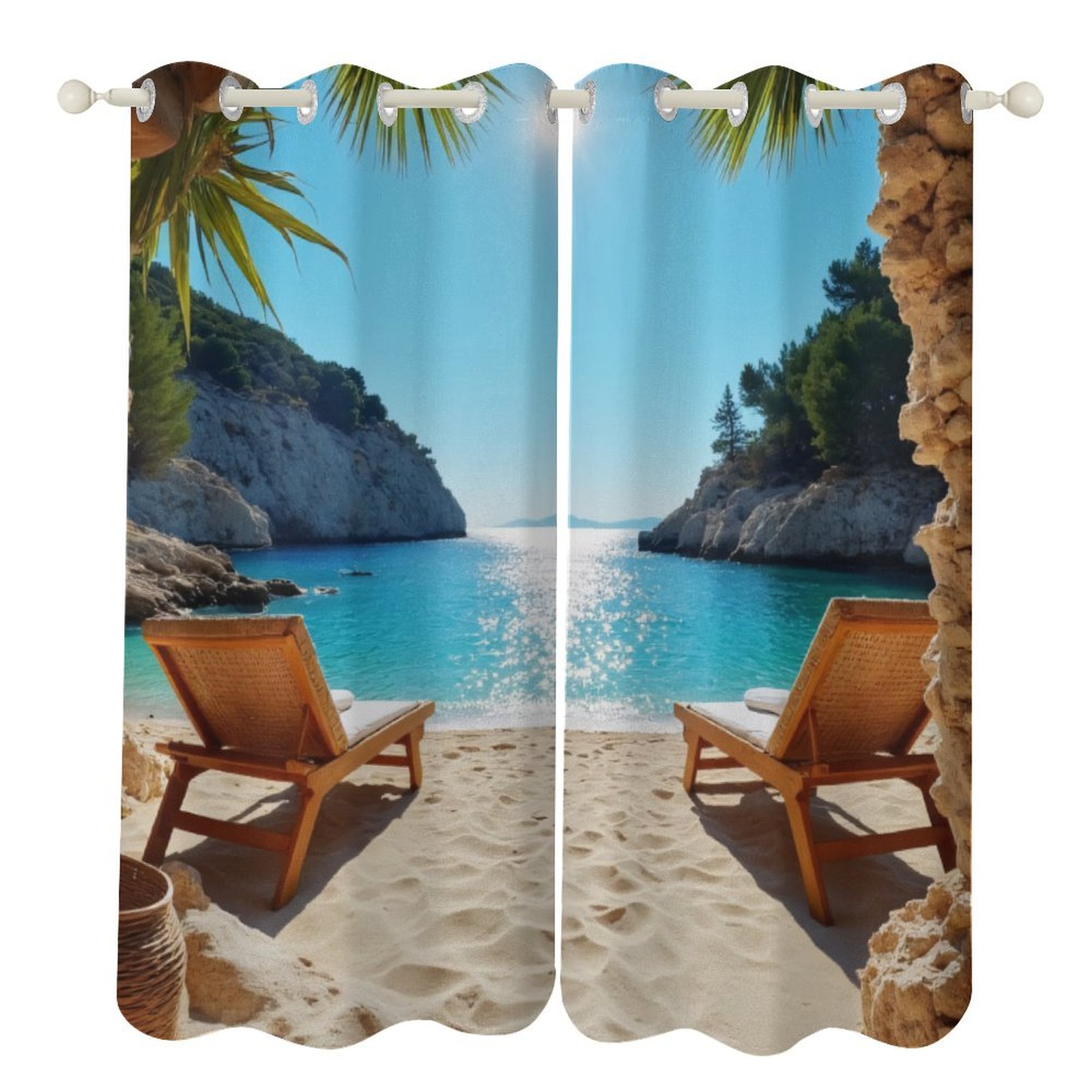 Sunny Beach with Chairs 2 Panels 3D Printing Pattern Curtain for Bedroom Living Room Kitchen ...