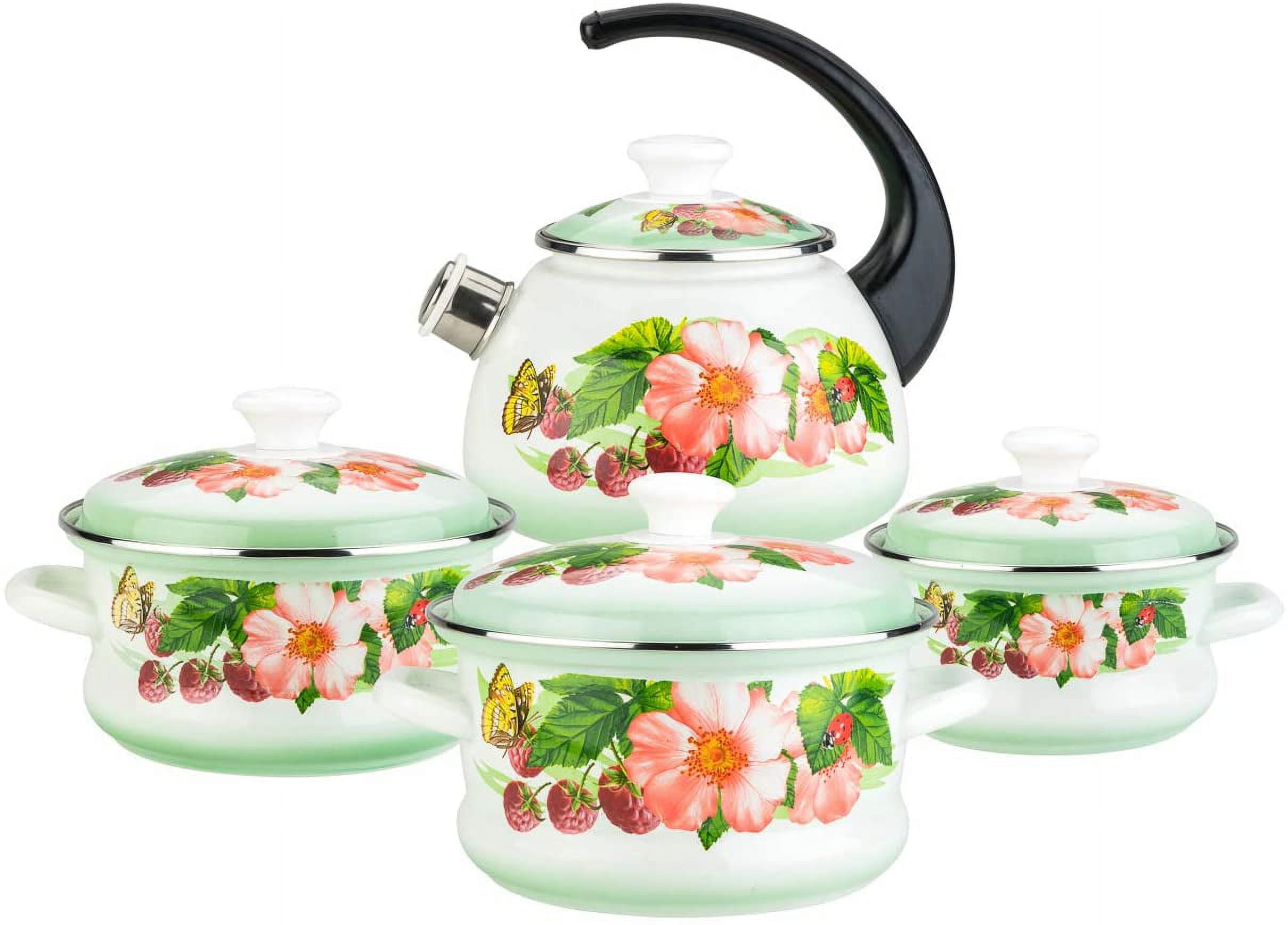 Sunny-C Enamel Cooking Pots and Tea Pot Set, 1.6, 2.1 and 3 liters pots ...