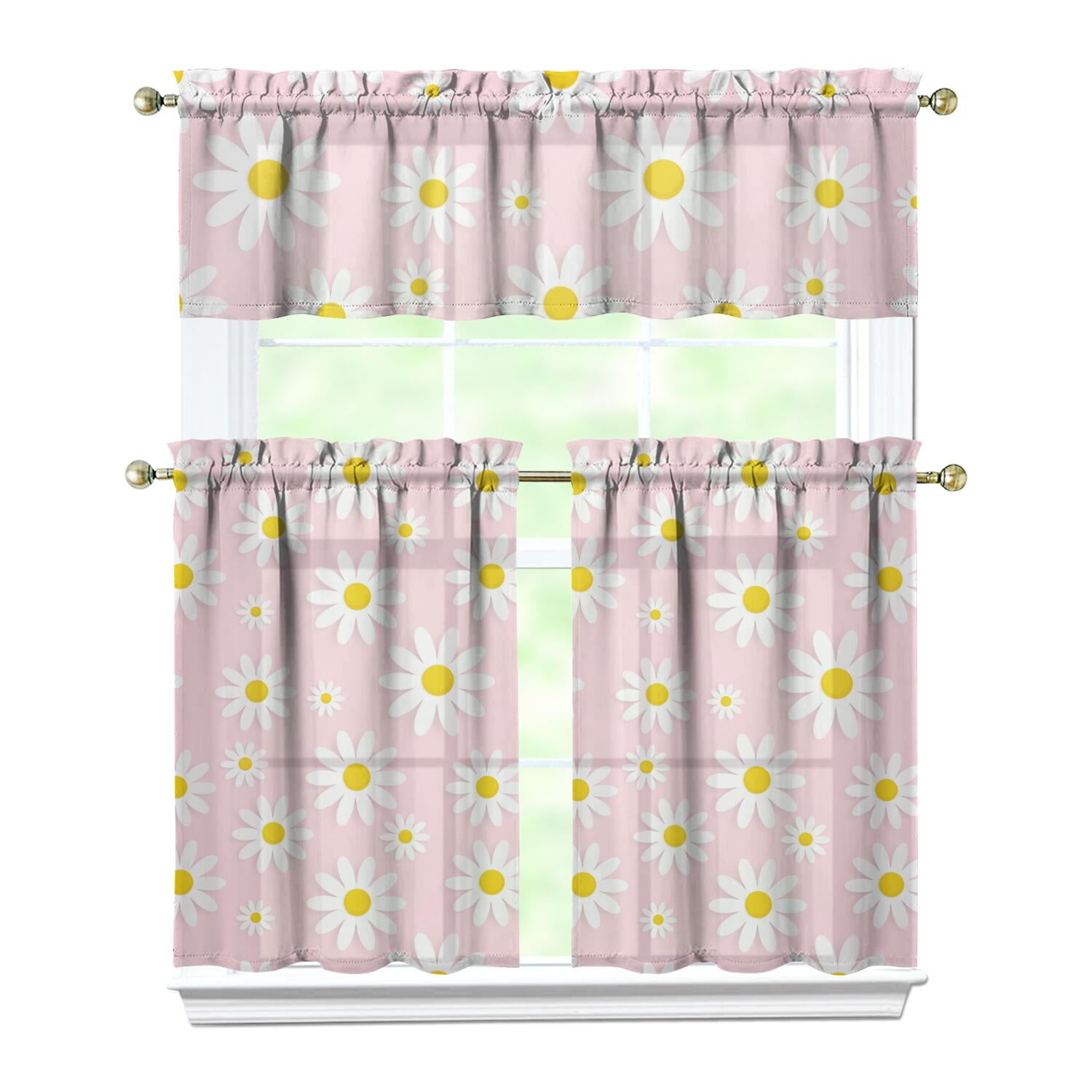 Sunny Daisy Kitchen Curtains 3-Piece - Boho Floral Valance & Tiers ...