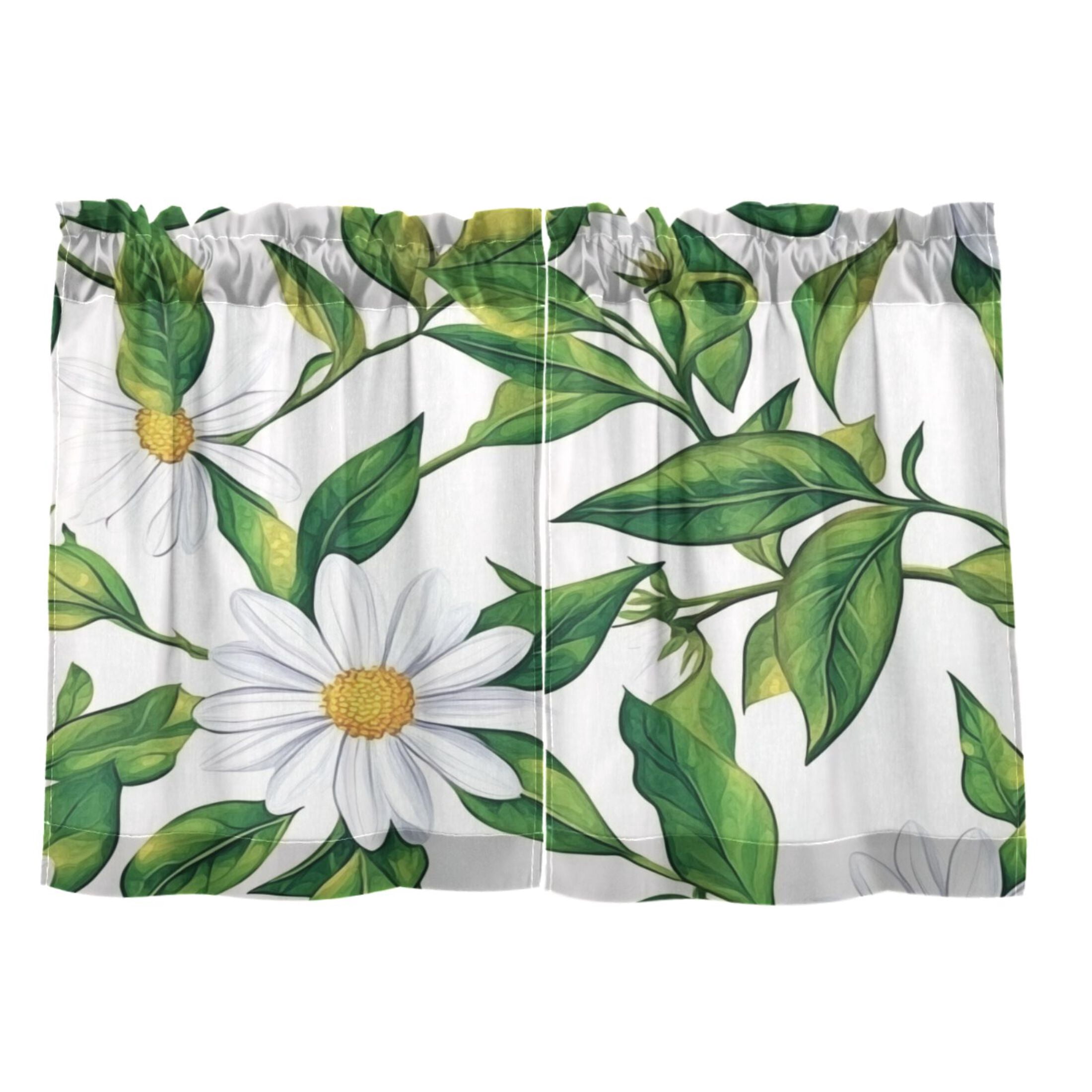 Sunny Daisy Pattern 27"x24" Linen Look Cafe Curtain Set with Privacy ...