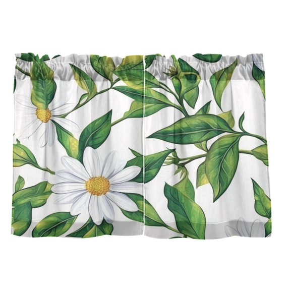 Sunny Daisy Pattern 27"x24" Linen Look Cafe Curtain Set with Privacy ...
