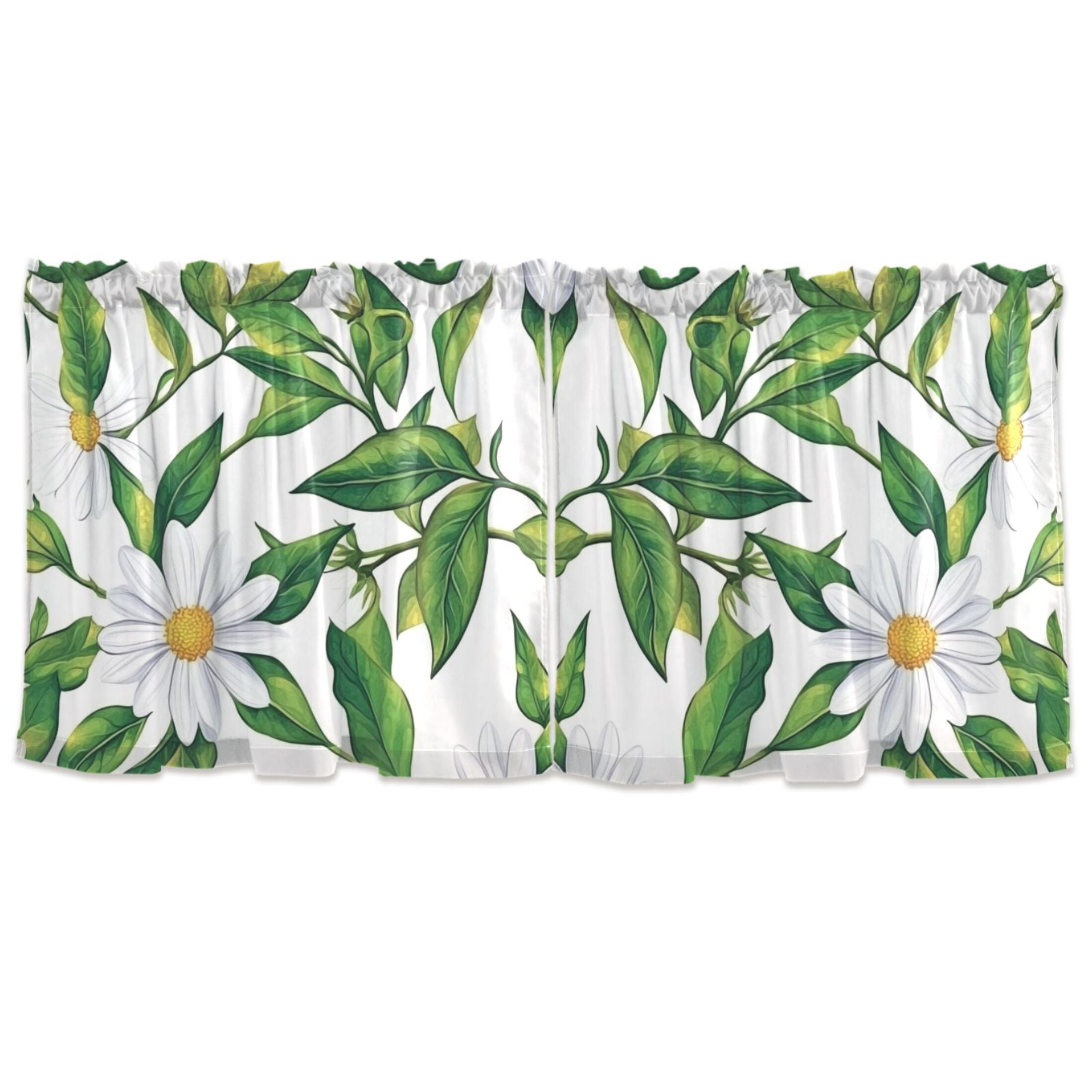Sunny Daisy Pattern Tier Curtains for Kitchen 57x24 Inch Semi Sheer ...