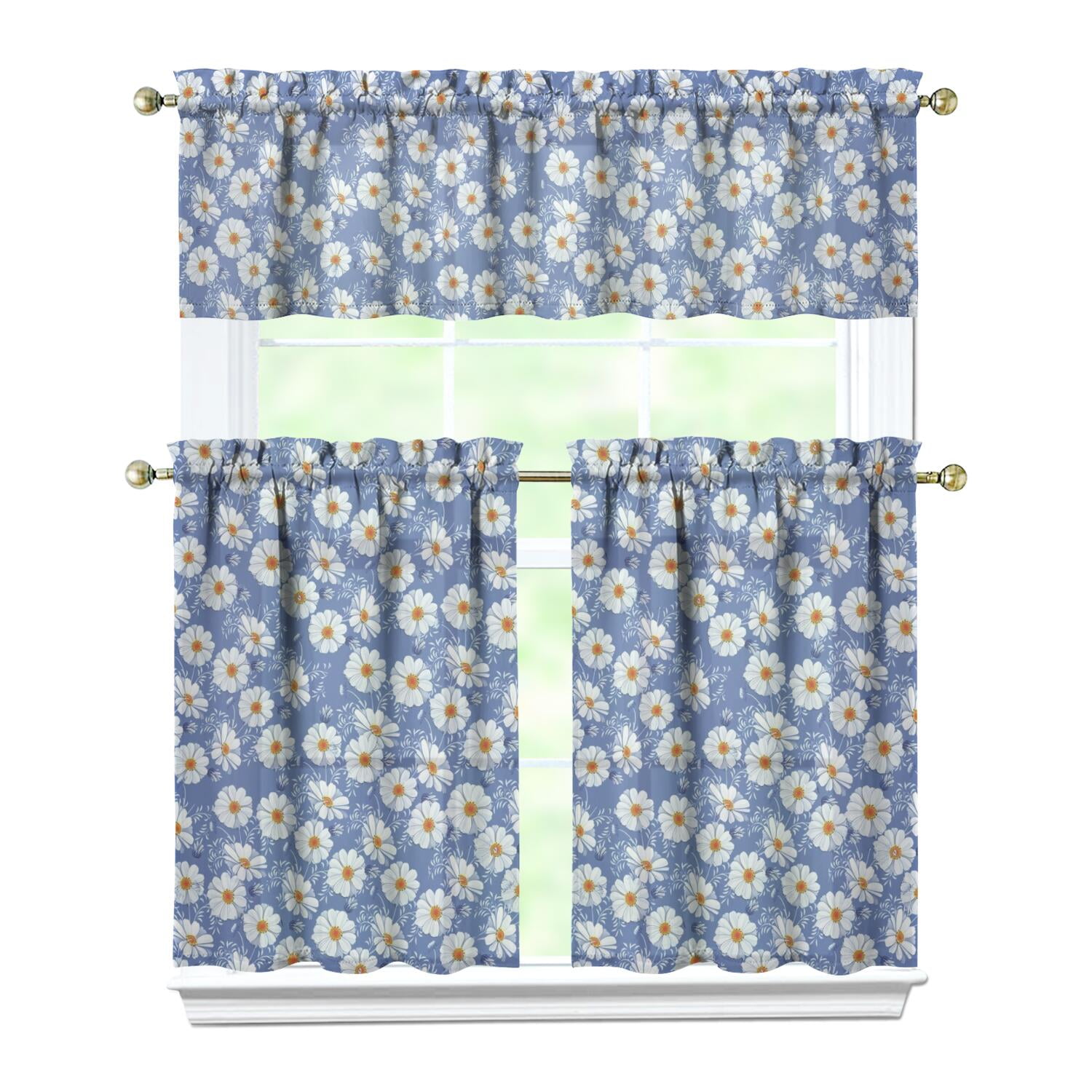 Sunny Daisy Print Kitchen Curtains - 3 PC Set with Valance & Tier ...