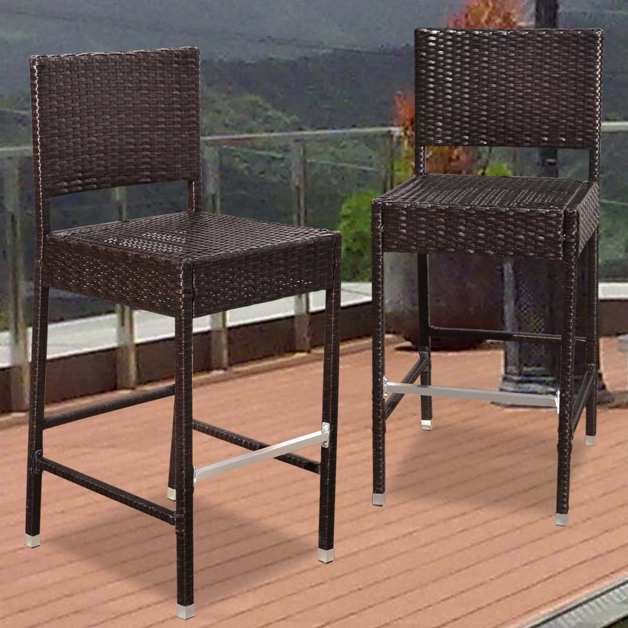 Sunny Dark Coffee Wicker Barstool Indoor Outdoor Patio Furniture All ...