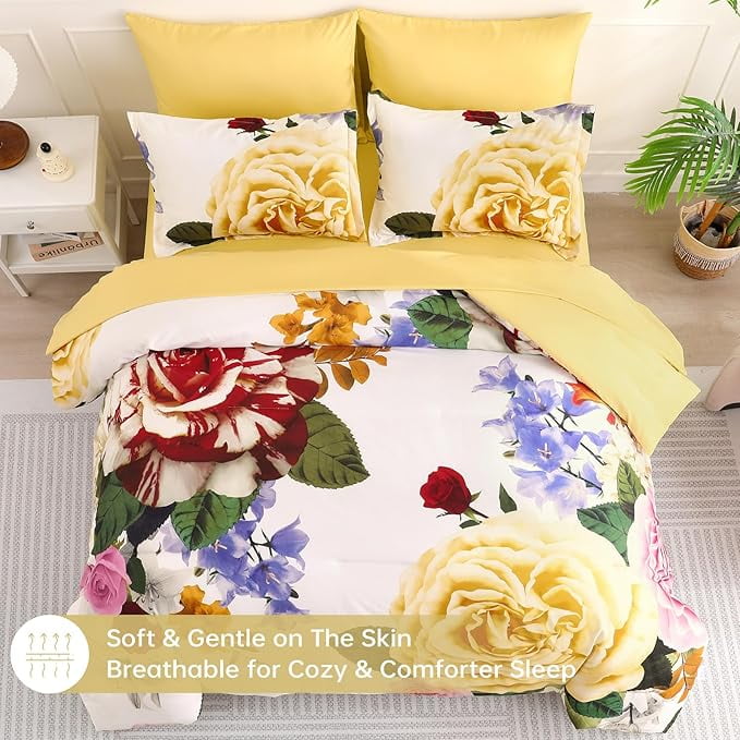 Sunny Floral Bedding Set 7-Piece Queen Size Yellow Rose Comforter with ...