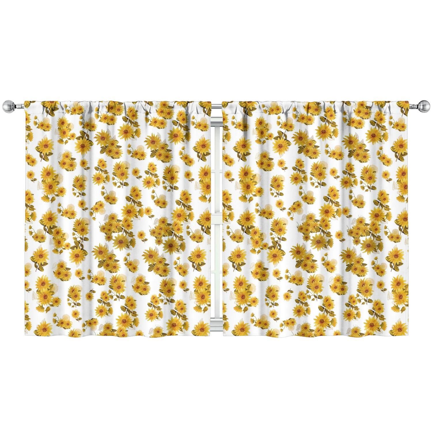 Sunny Golden Sunflower Print Curtains - 2 Piece Boho Aesthetic Yellow ...