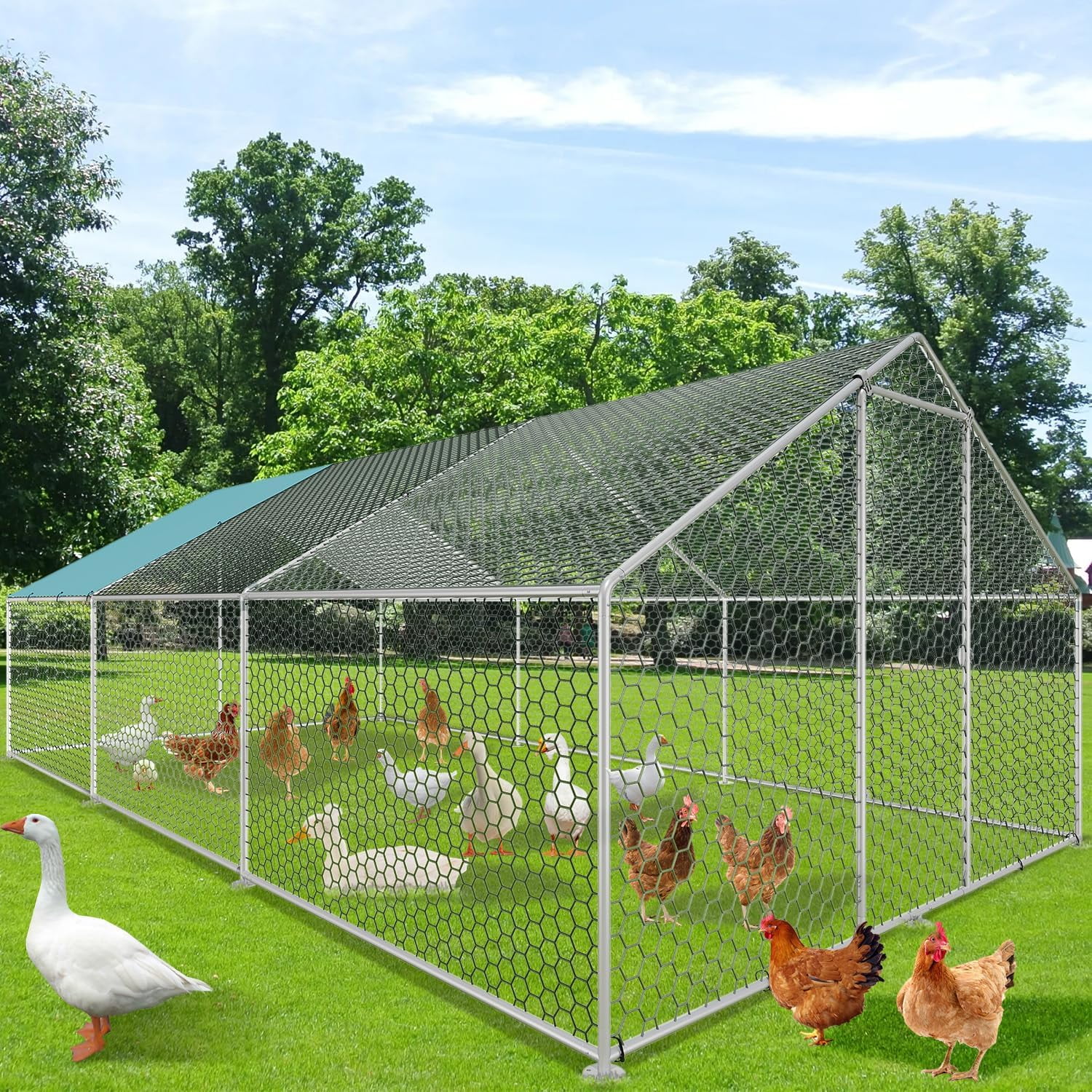Sunny Heart Large Metal Chicken Coop Run with Wire Mesh, Metal Poultry ...