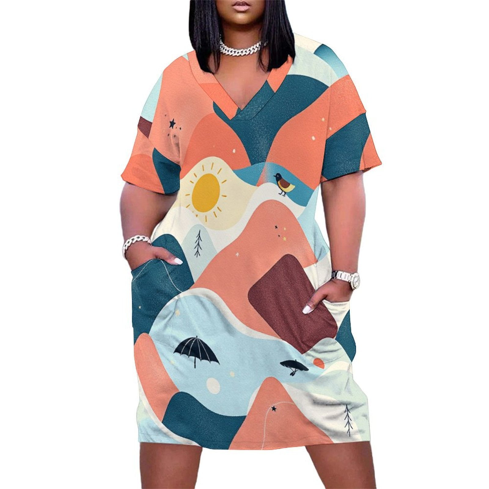 Sunny Hills Landscape Art Loose Pocket Dress Elegant Women"s Dresses for Wedding Wedding Dresses ...