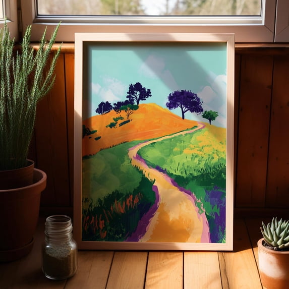 Sunny Hillside Landscape With Winding Path Vibrant Colors Abstract ...