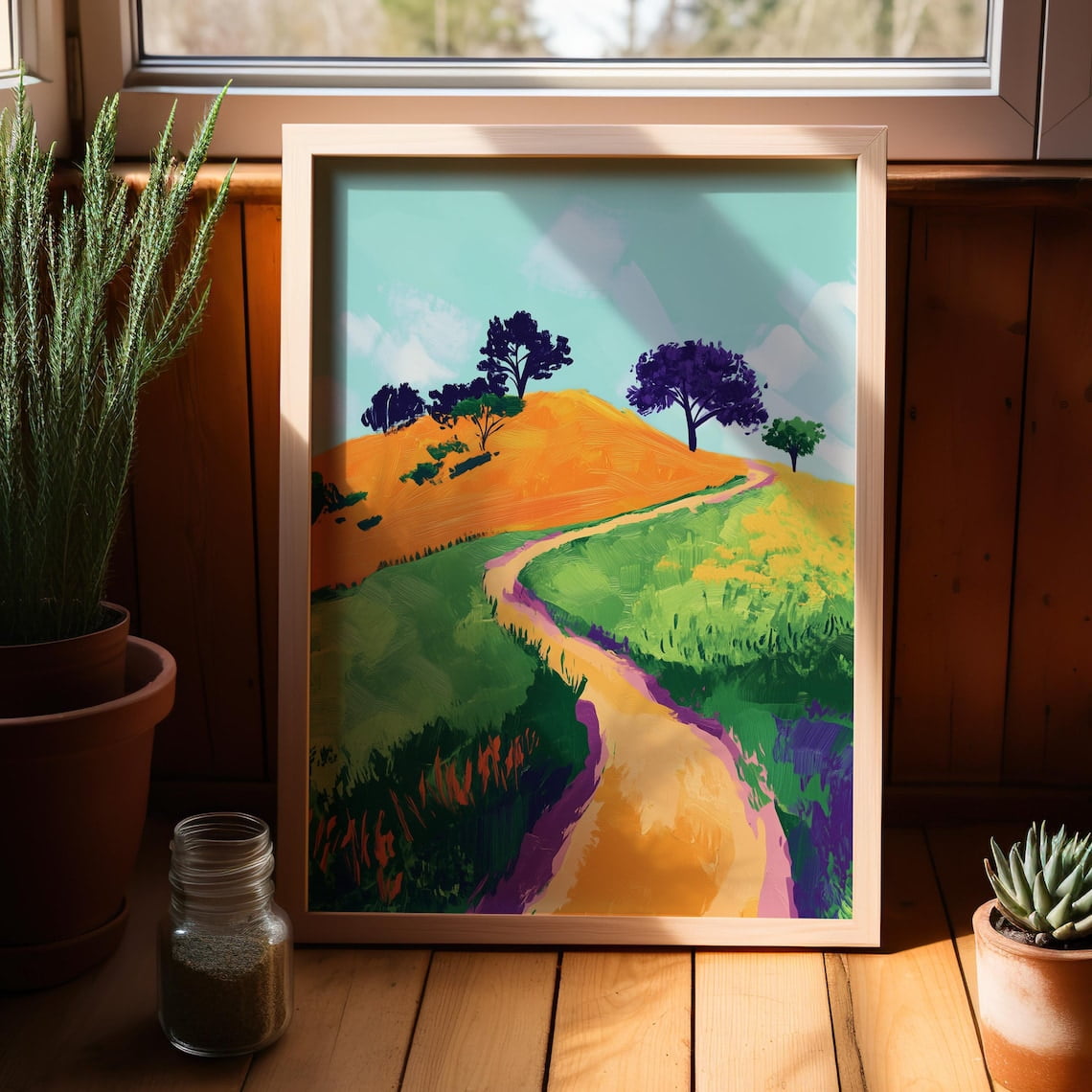 Sunny Hillside Path Landscape Wall Art Colorful Nature Decor, Unframed ...