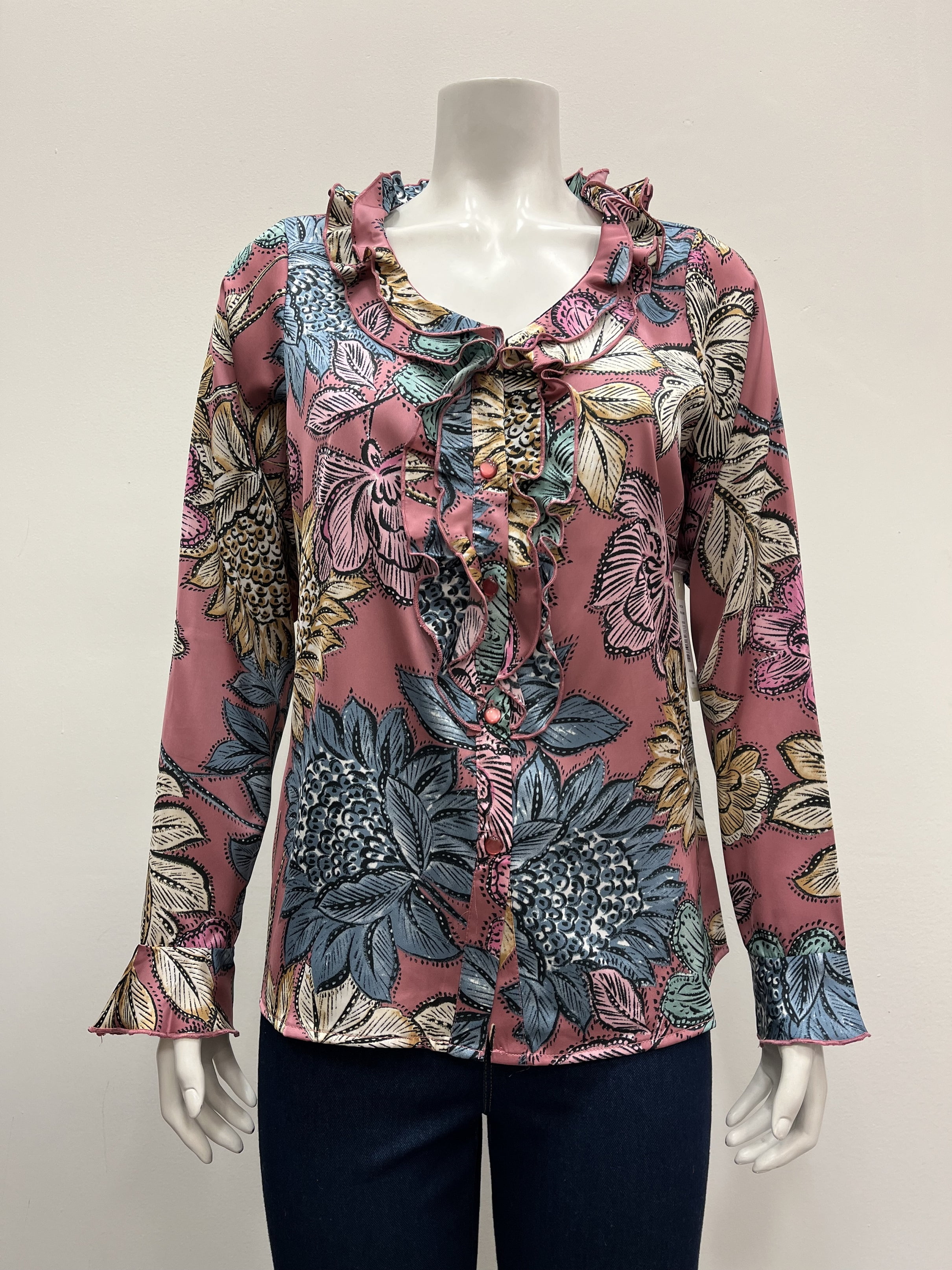 Sunny Leigh floral satin long sleeve ruffled button down Blouse , Multi , XL - Walmart.com