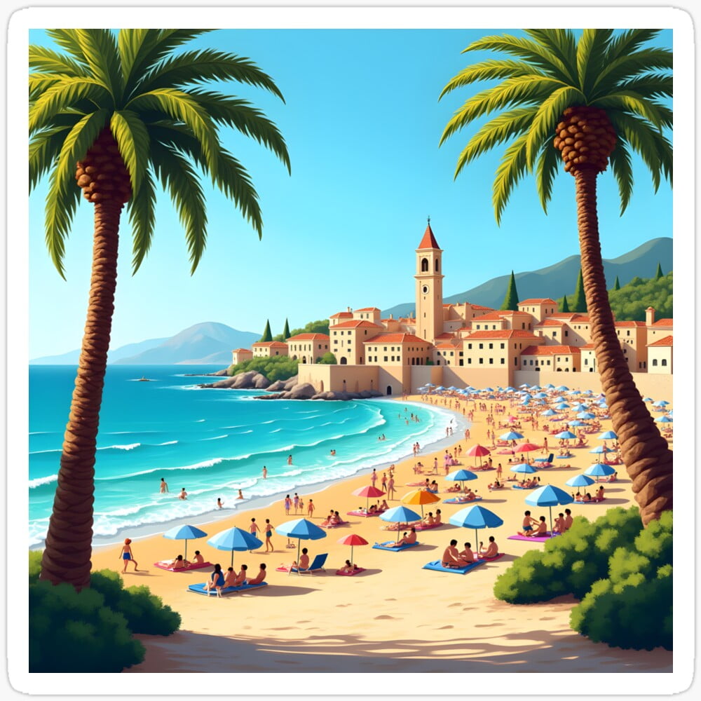 Sunny Mediterranean Beachscape With Palm Trees Sticker Phone Decal ...