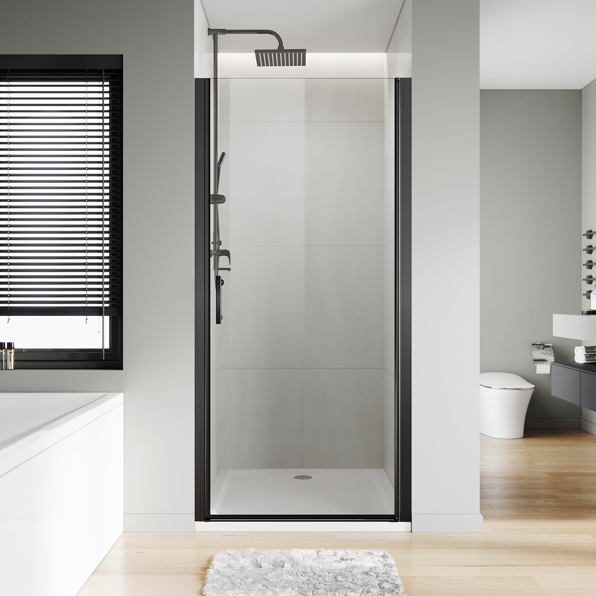 Sunny Shower 28W x 72H Semi-Frameless Pivot Swing Doors, Matte Black ...