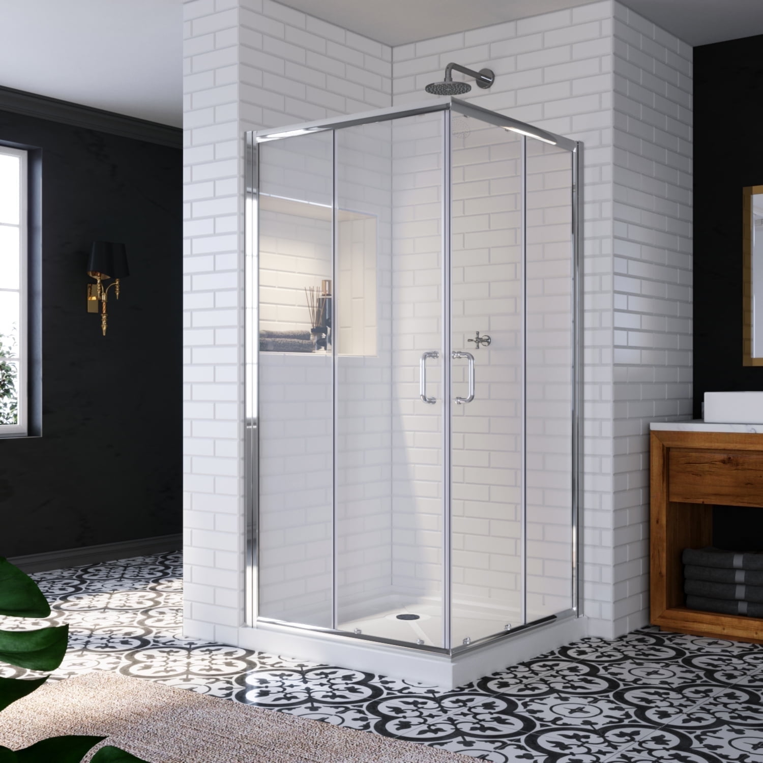 Sunny Shower 36'' Chrome Corner Enclosure with Sliding Doors & White Base - Walmart.com