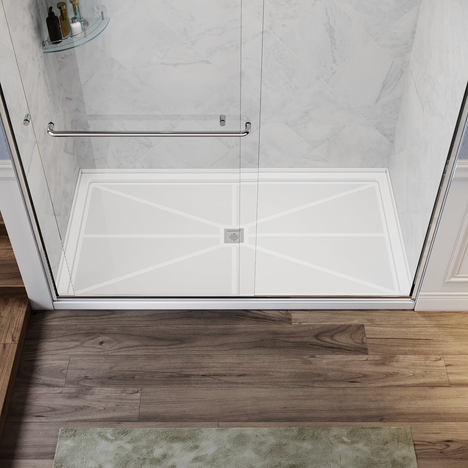 Sunny Shower 60" L x 32" W x 4" H White Anti-slip Acrylic Center Drain ...