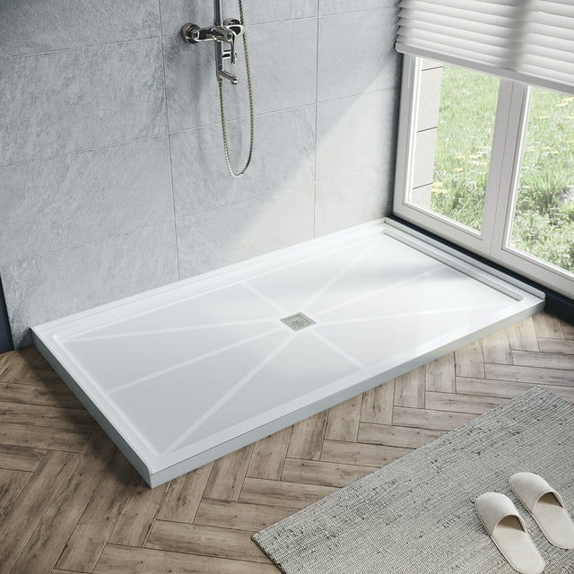 Sunny Shower 60'' L x 36'' W x 4'' H Center White Shower Base Stainless ...