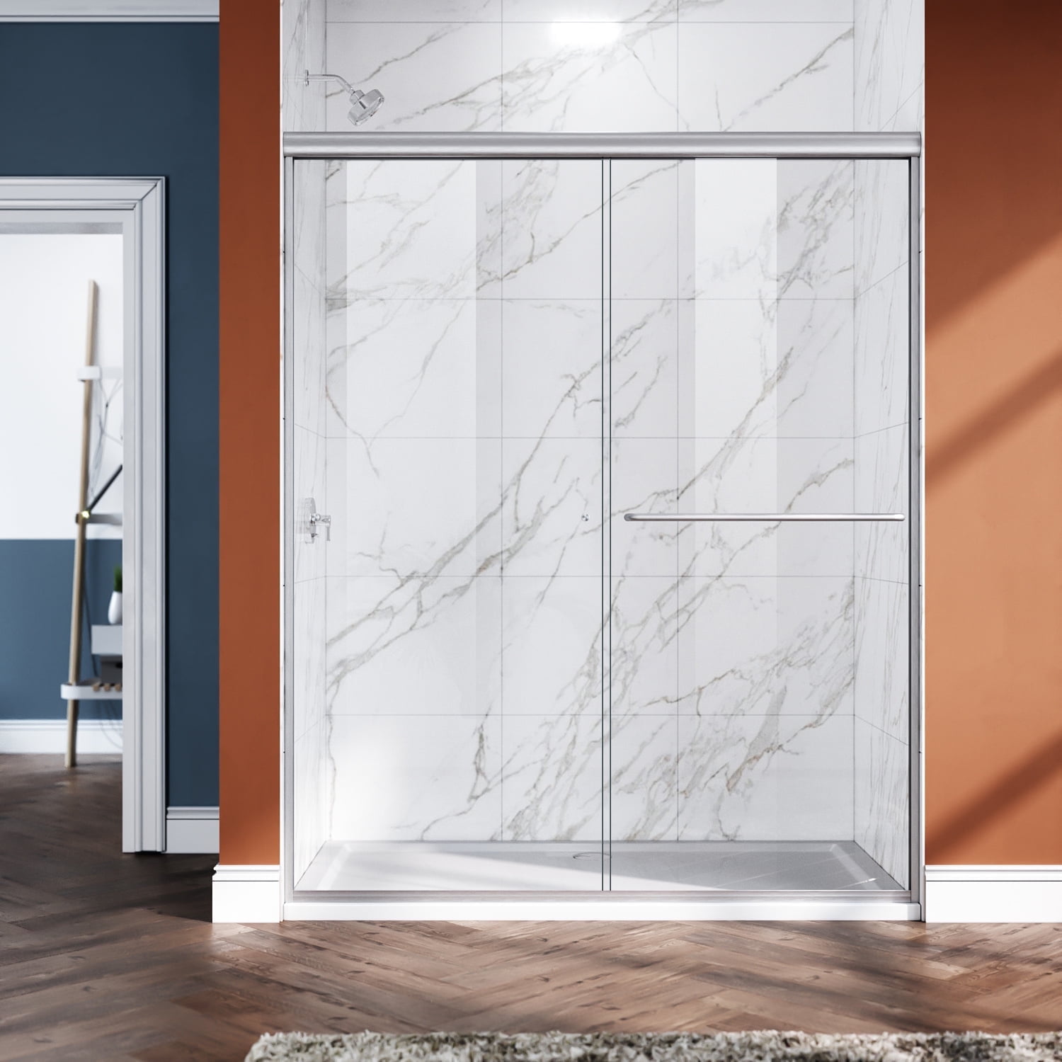 Sunny Shower Double Sliding Shower Door 60 in. W x 72 in. H Bypass with 1/4'' Glass Brushed ...