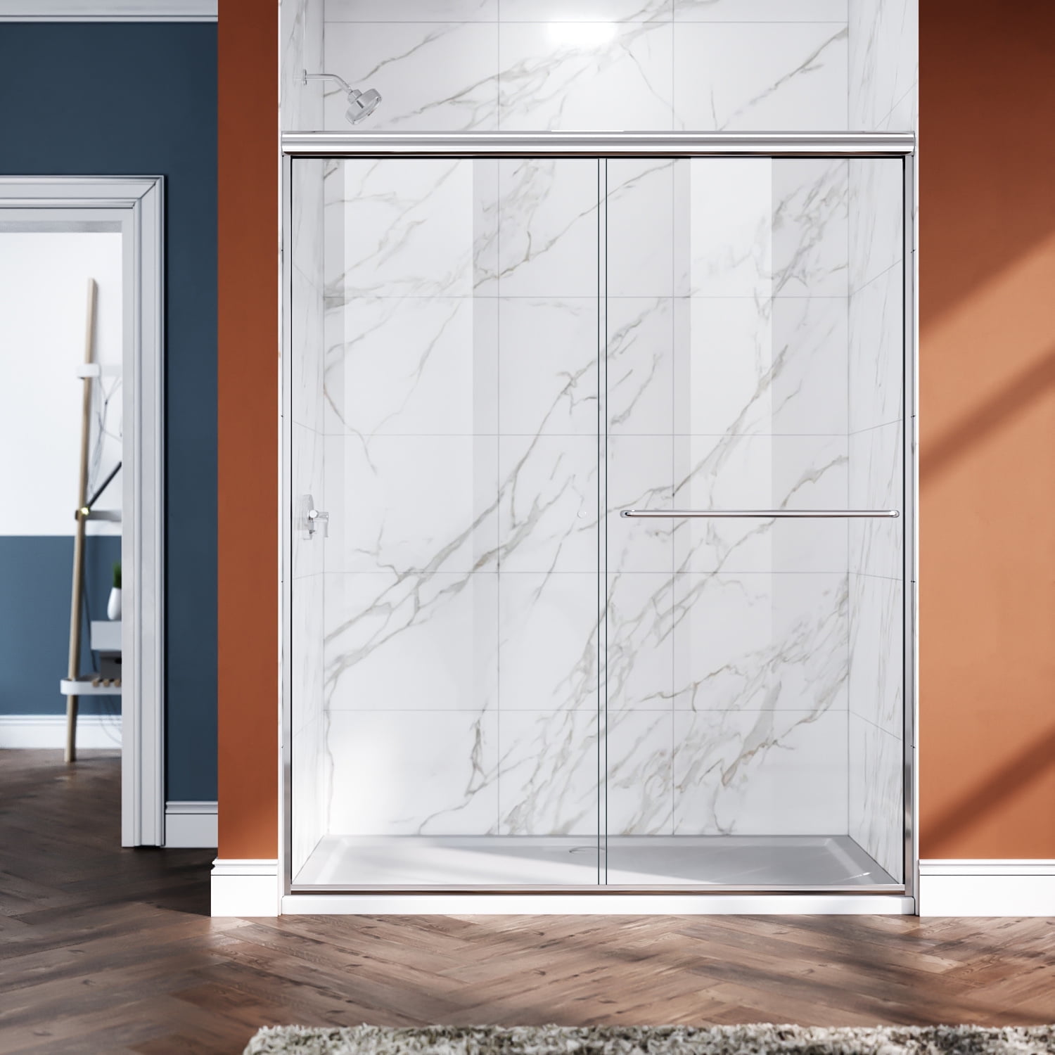 Sunny Shower Semi Frameless Double Sliding Shower Door 60 W X 72 H In