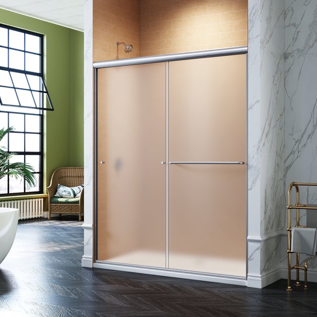 Sunny Shower 60in W x 72in H Double Sliding Frosted Glass Walk-In Door, Brushed Nickel - Walmart.com