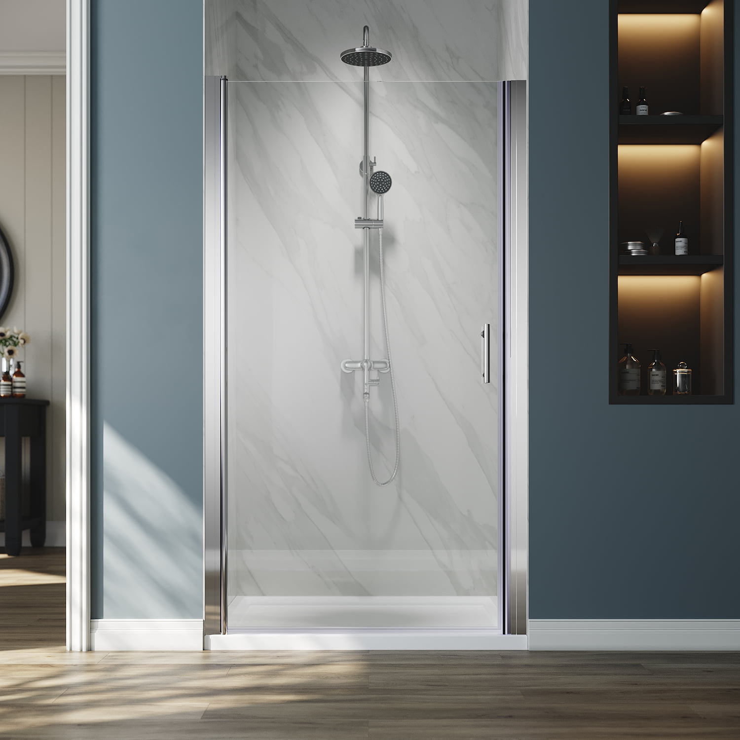 Sunny Shower Semi Frameless Pivot Swing Shower Glass Door One Panel