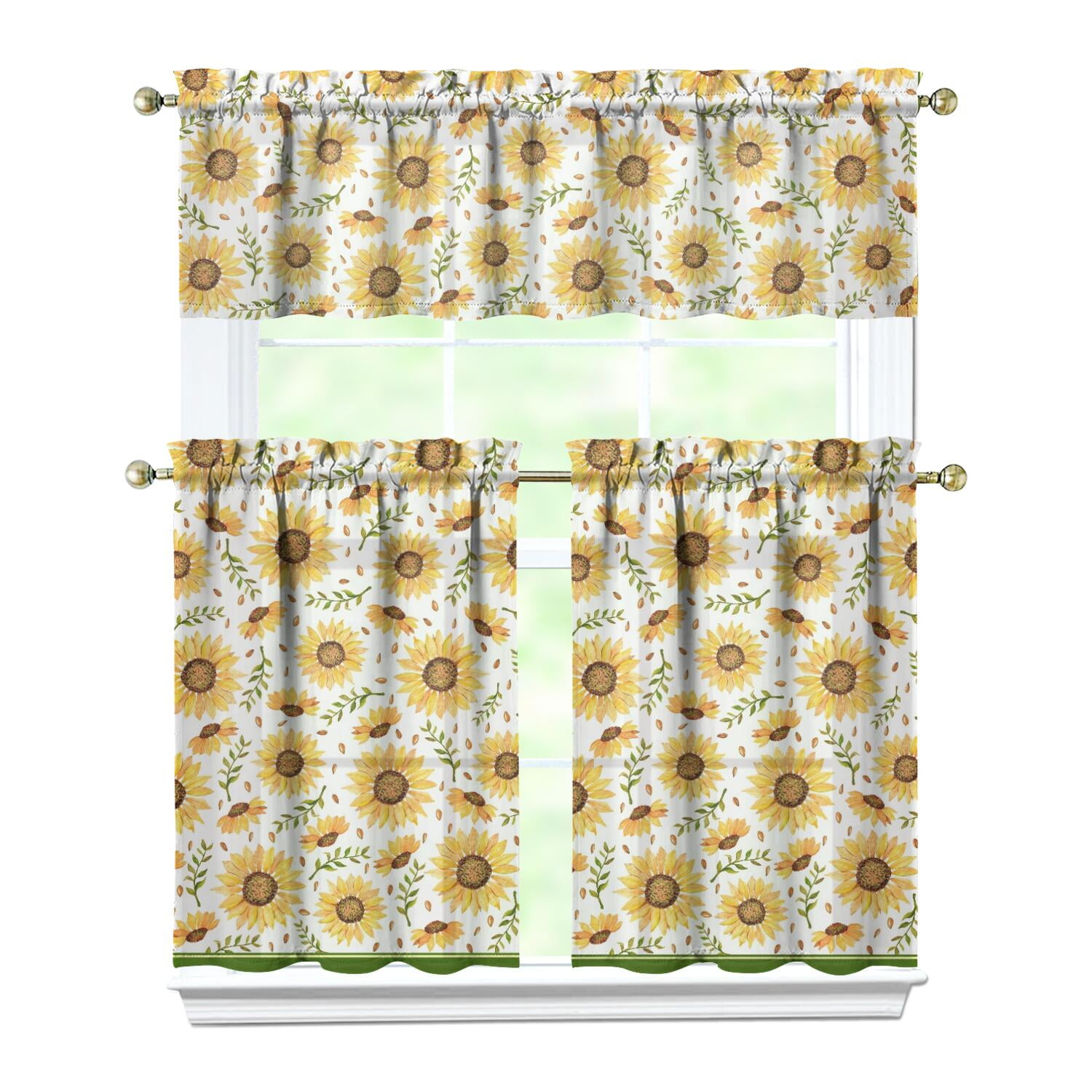 Sunny Yellow Sunflower Curtains Set - 3 PC Tier & Valance, Rustic ...