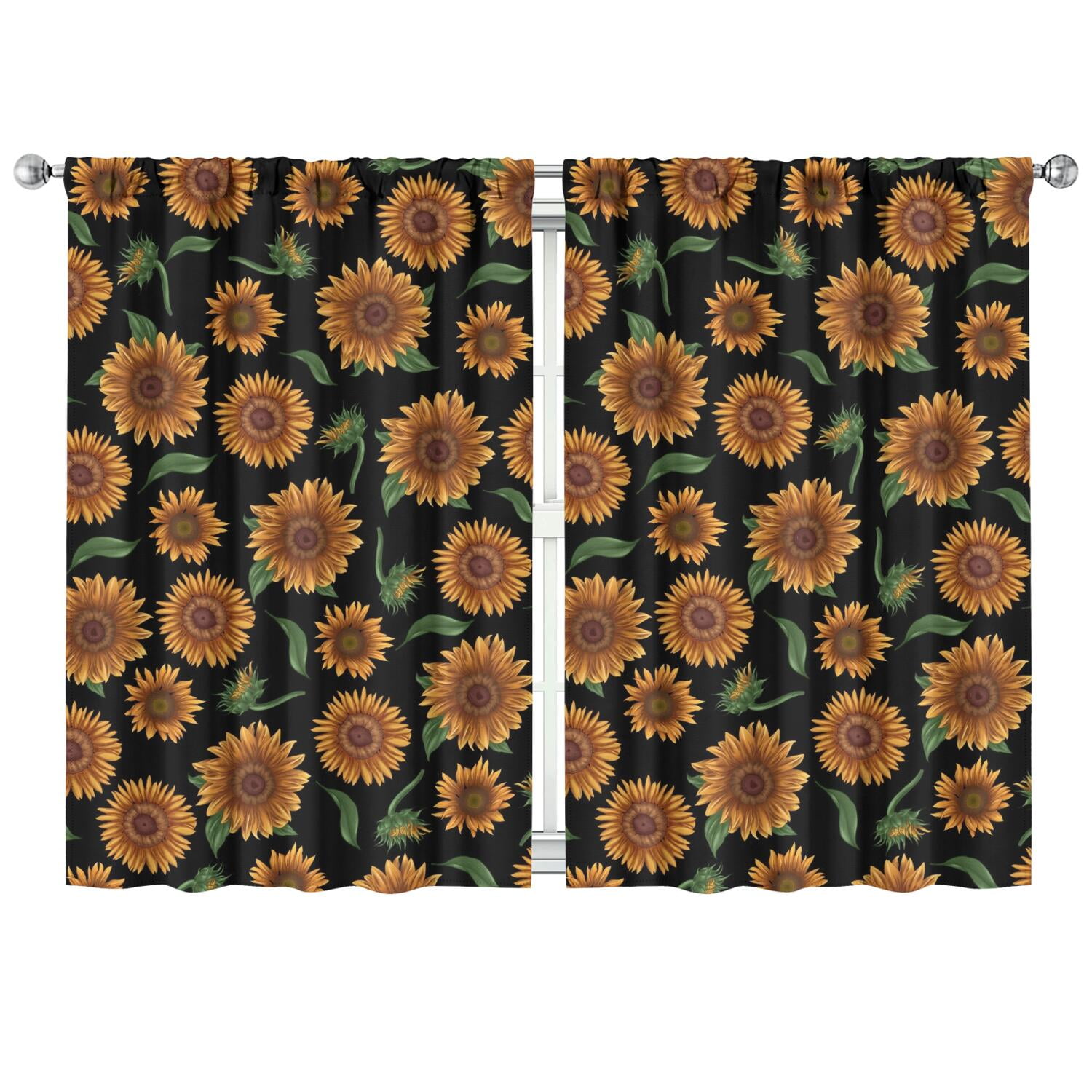 Sunny Yellow Sunflower Kitchen Curtains 2 Panels - 42x63 Inch Semi ...