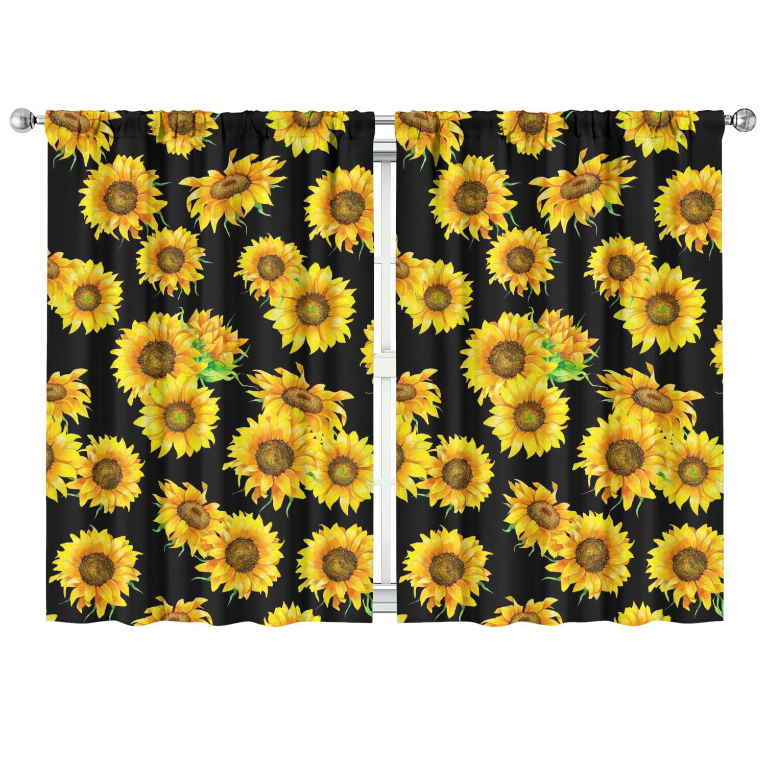 Sunny Yellow Sunflower Kitchen Curtains 2 Panels - 42x63 Inch Semi ...