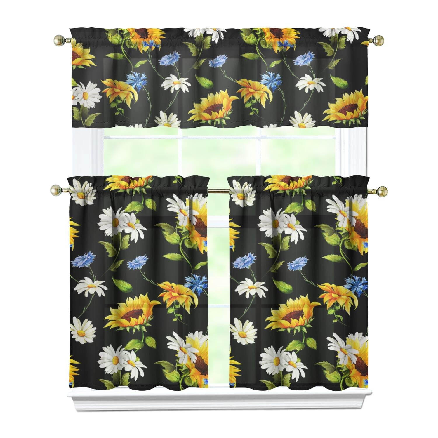 Sunny Yellow Sunflower Kitchen Curtains Set - Vintage Farmhouse Window ...