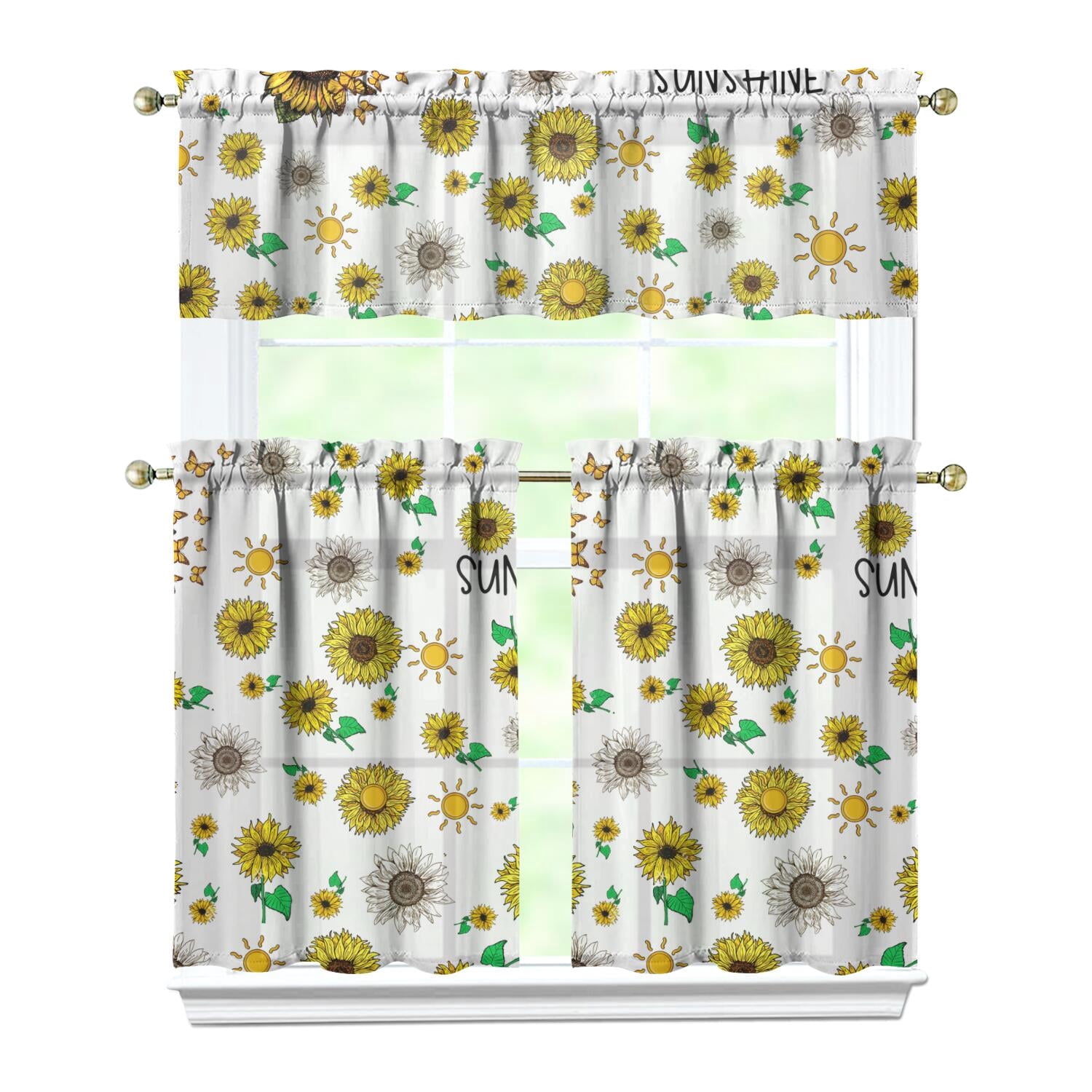 Sunny Yellow Sunflower Kitchen Curtains Set - Vintage Farmhouse Window ...