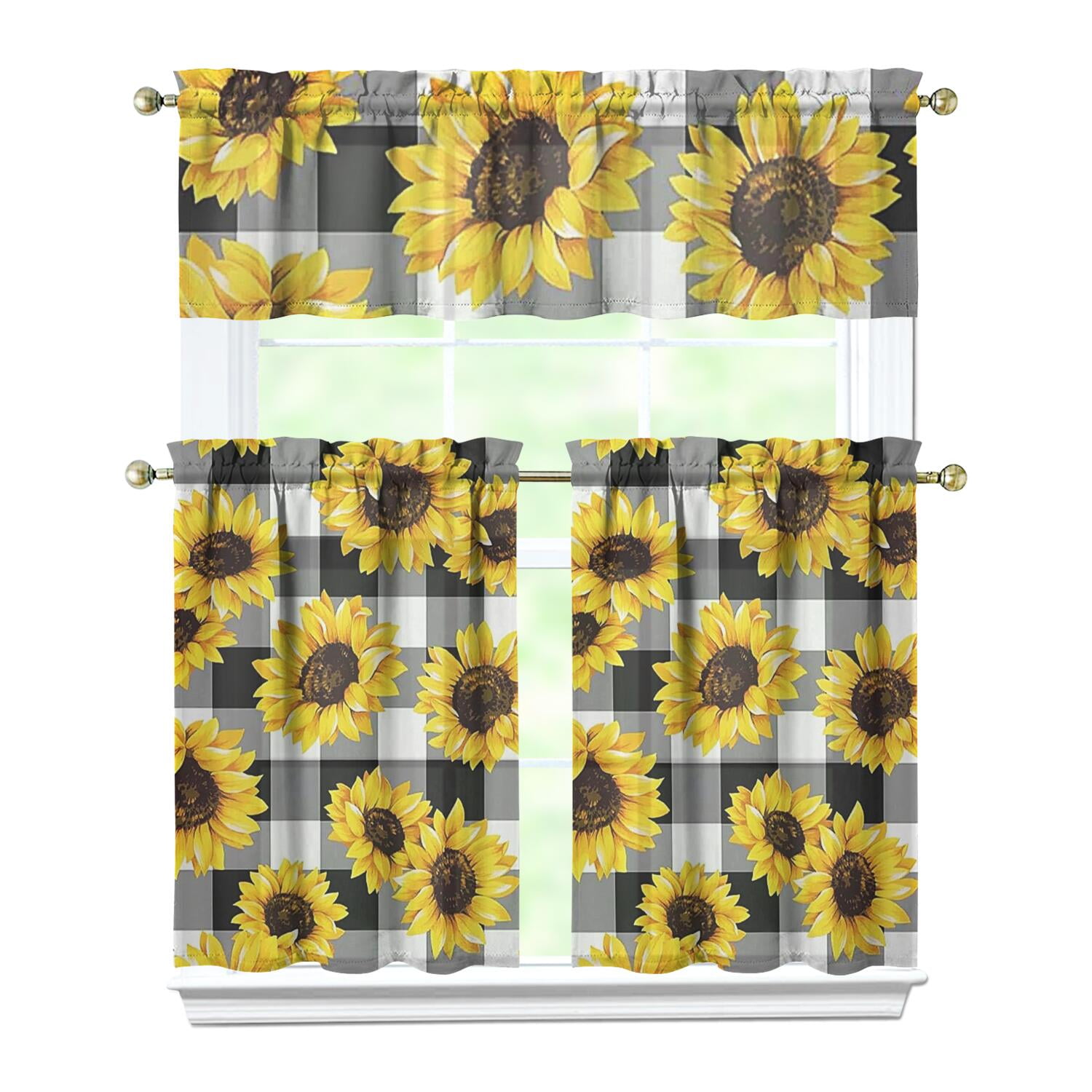 Sunny Yellow Sunflower Print Curtains - 3-Piece Tier & Valance Set ...