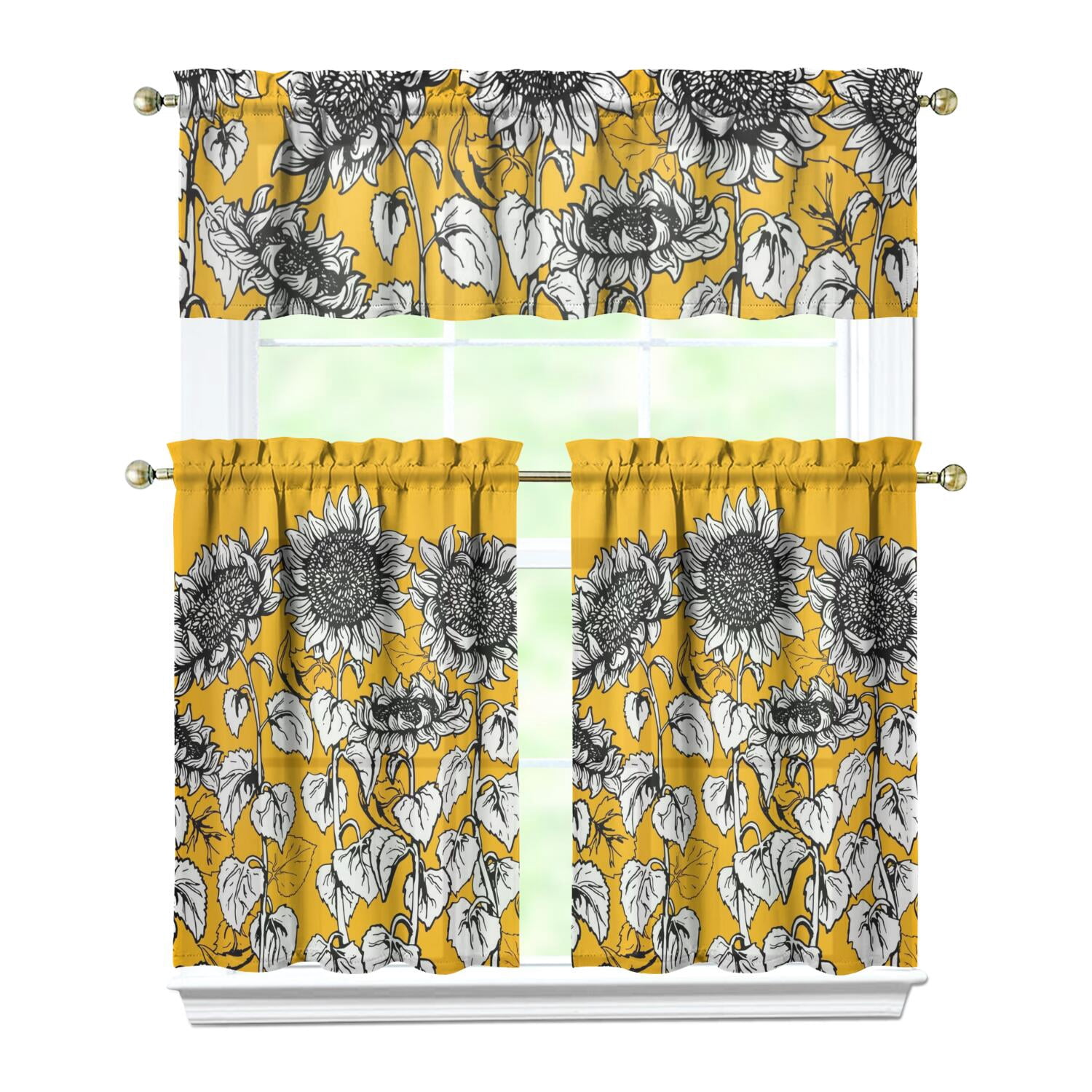 Sunny Yellow Sunflower Print Curtains - 3-Piece Tier & Valance Set ...