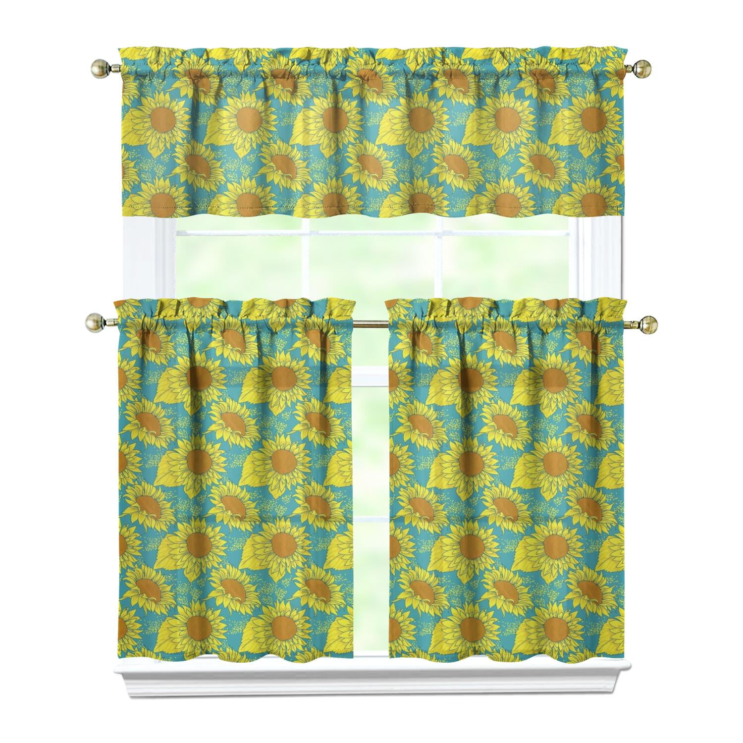 Sunny Yellow Sunflower Print Curtains - 3-Piece Tier & Valance Set ...
