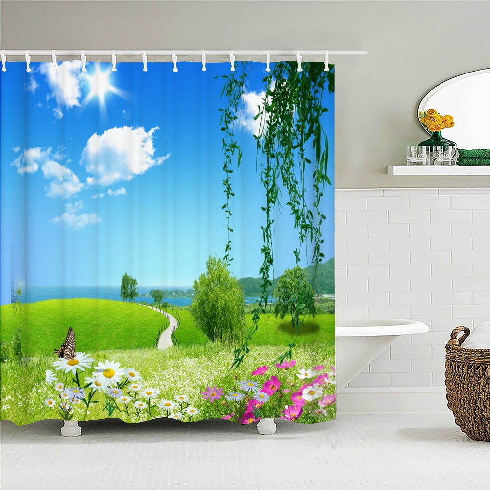 Sunny landscape Shower Curtain with Waterproof Fabric Blue Sky and ...