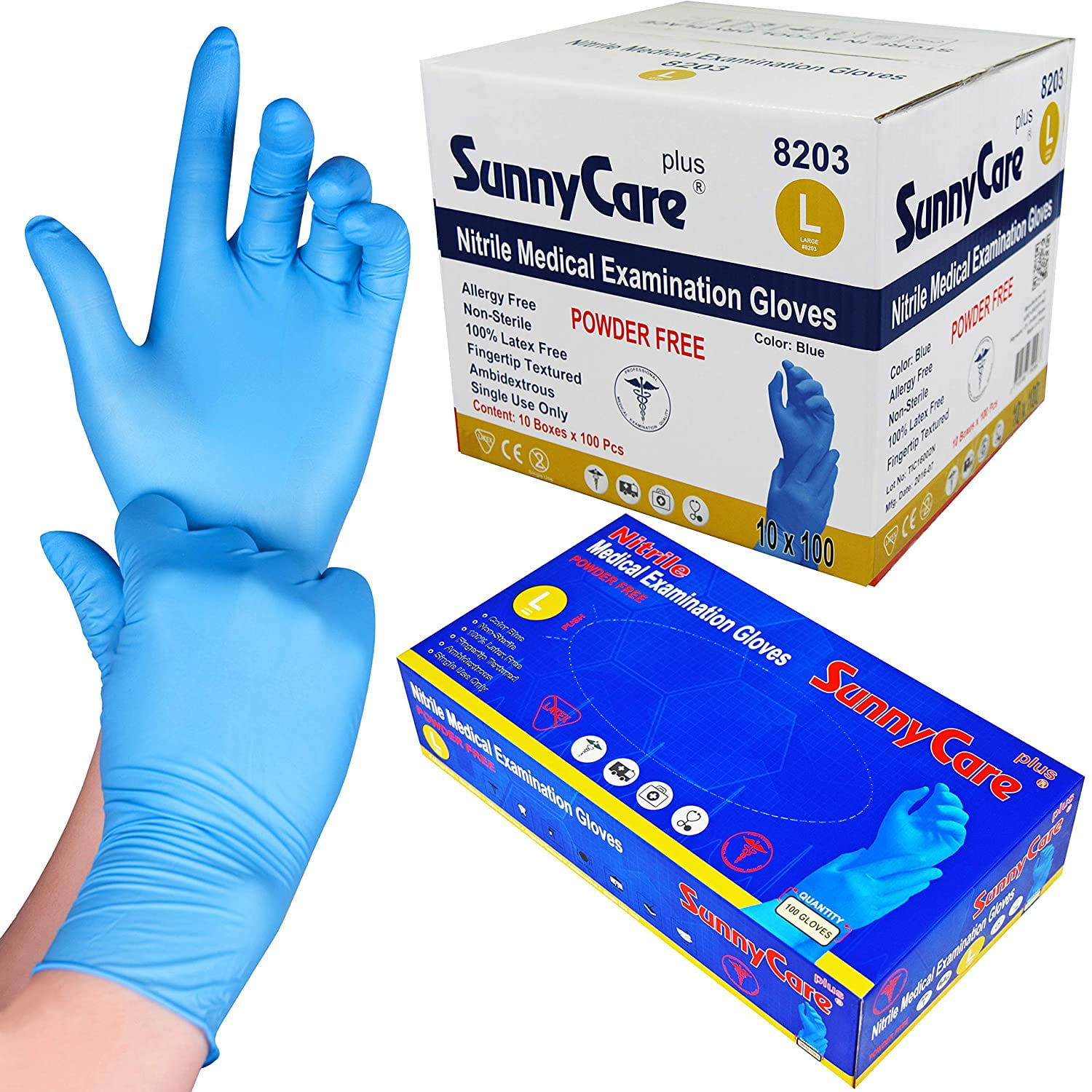 SunnyCare 1000 8203 Blue Nitrile Medical Exam Gloves Powder Free Chemo ...