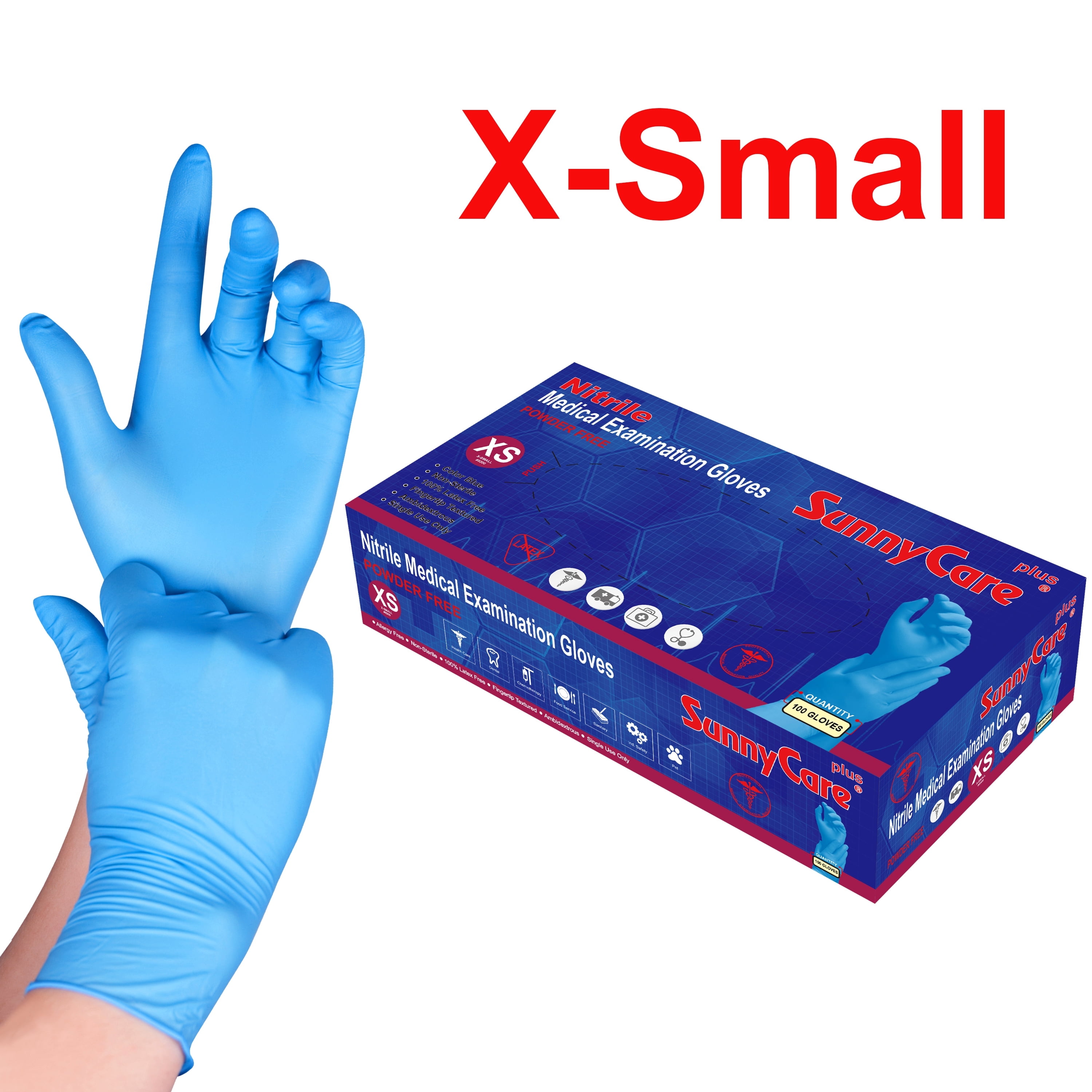 SunnyCare, Powder Free Nitrile Disposable Gloves, XS, Blue 100ct ...