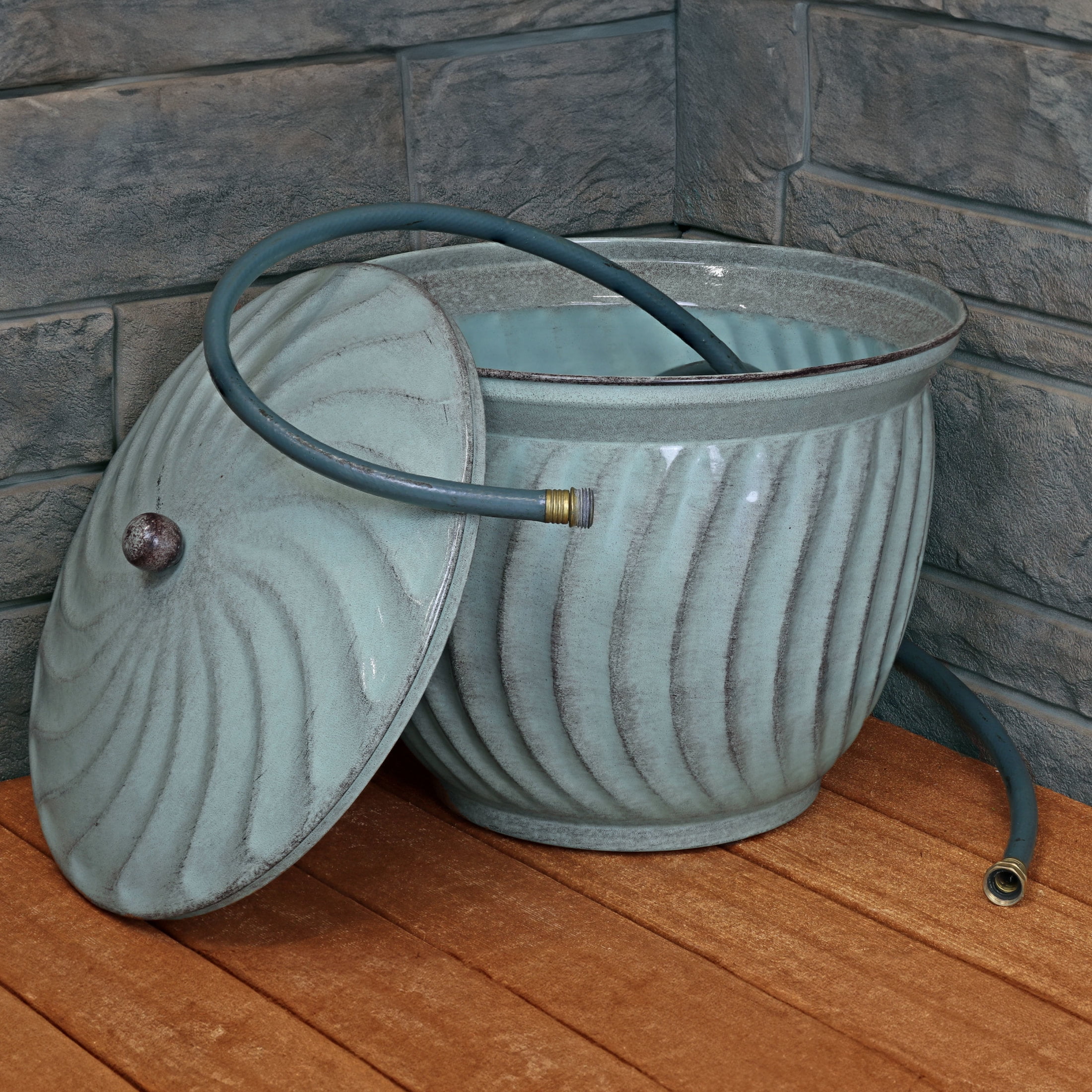 Sunnydaze 19.5" Metal Decorative Garden Hose Holder Pot with Lid, Sage ...