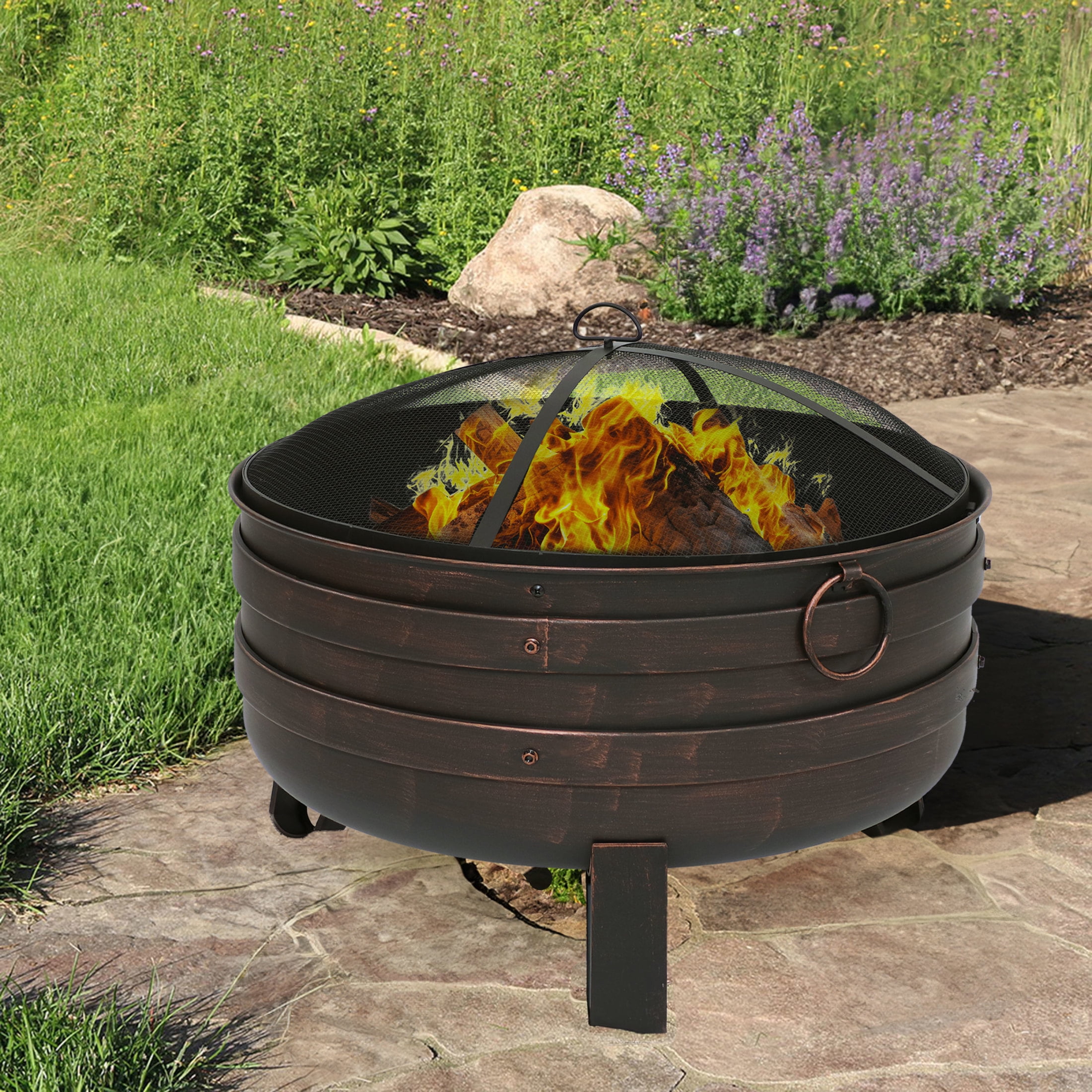 Sunnydaze 24" Round Wood-Burning Brushed Bronze Finish Steel Cauldron ...