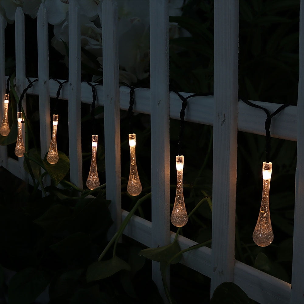 Sunnydaze 30-Count LED Solar Powered Water Drop String Lights ...