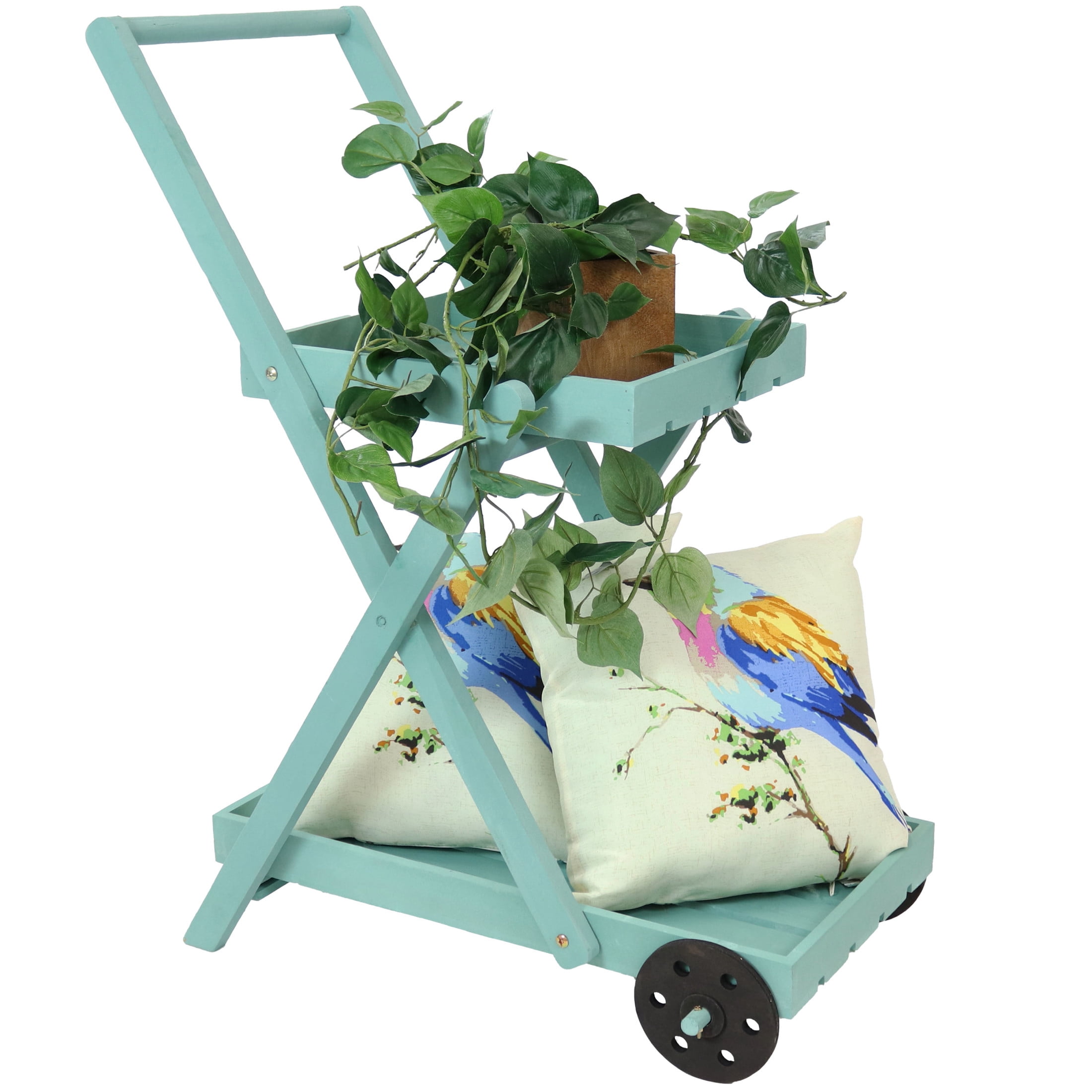 Sunnydaze 34" H 2-Tier Blue Fir Wood Wheeled Plant Stand Cart - Walmart.com
